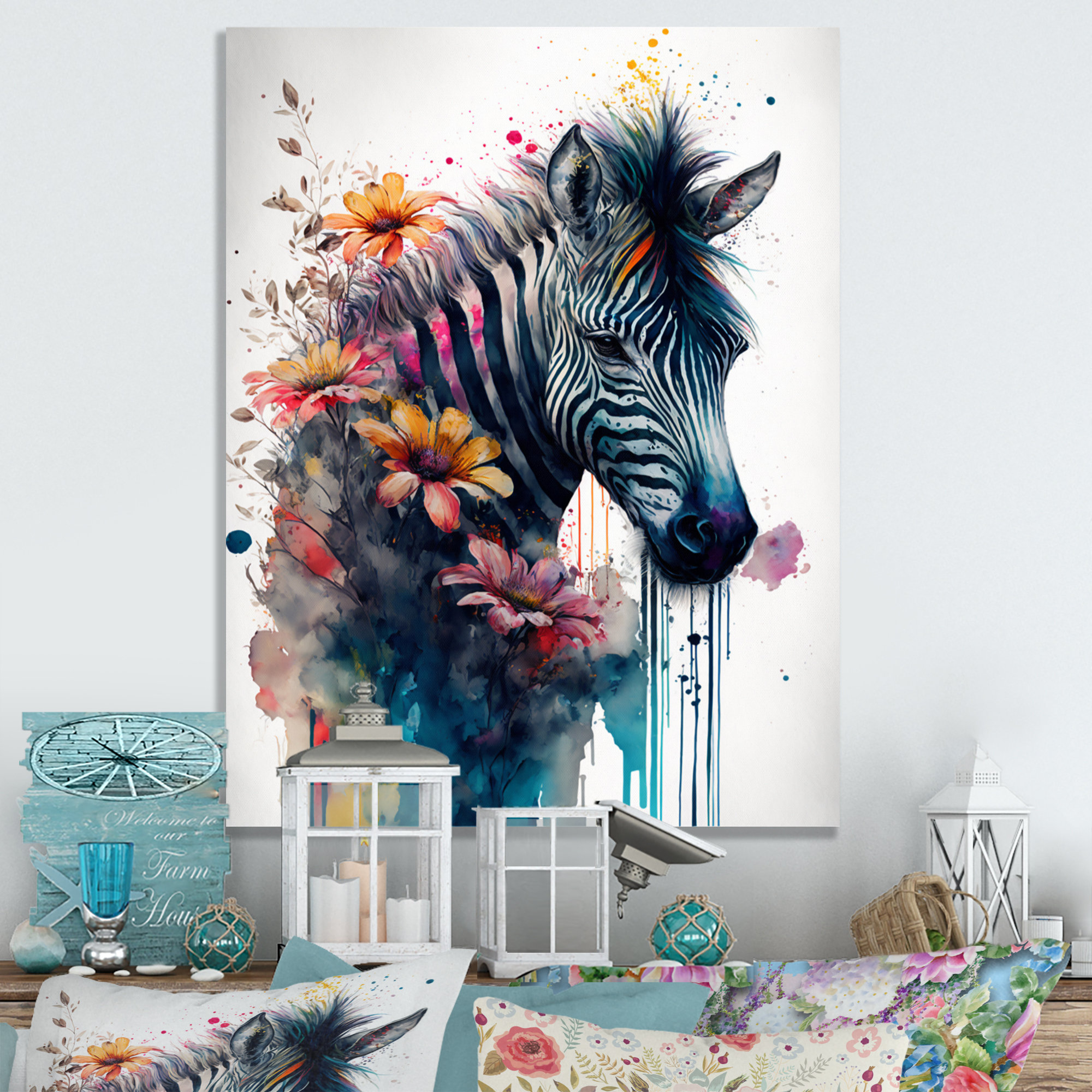 Red Barrel Studio® Cute Zebra Floral Art - Zebra Canvas Print Wall Art ...