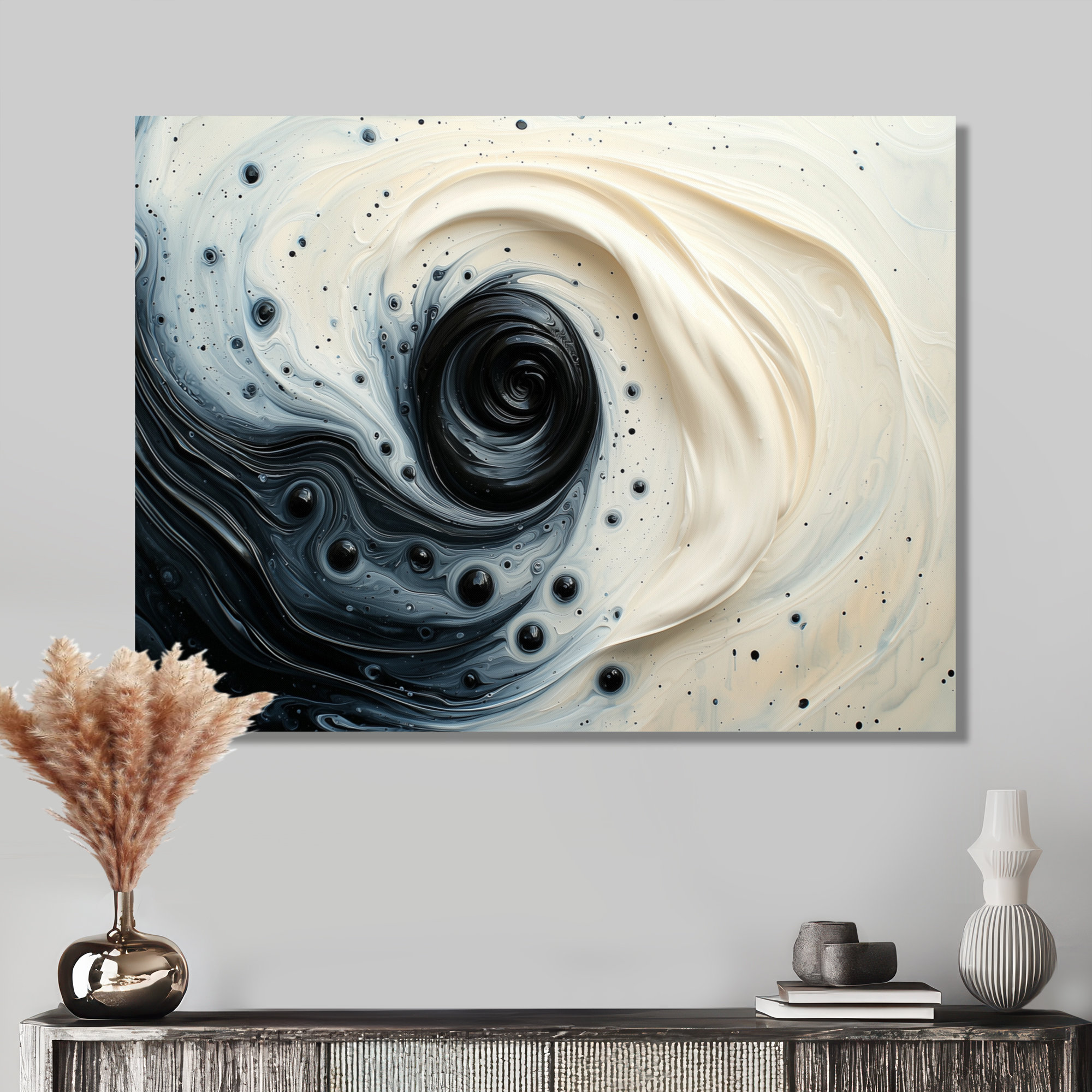 Ivy Bronx Corby Black And White Sprial Rhythmic Ink River III - Drip ...