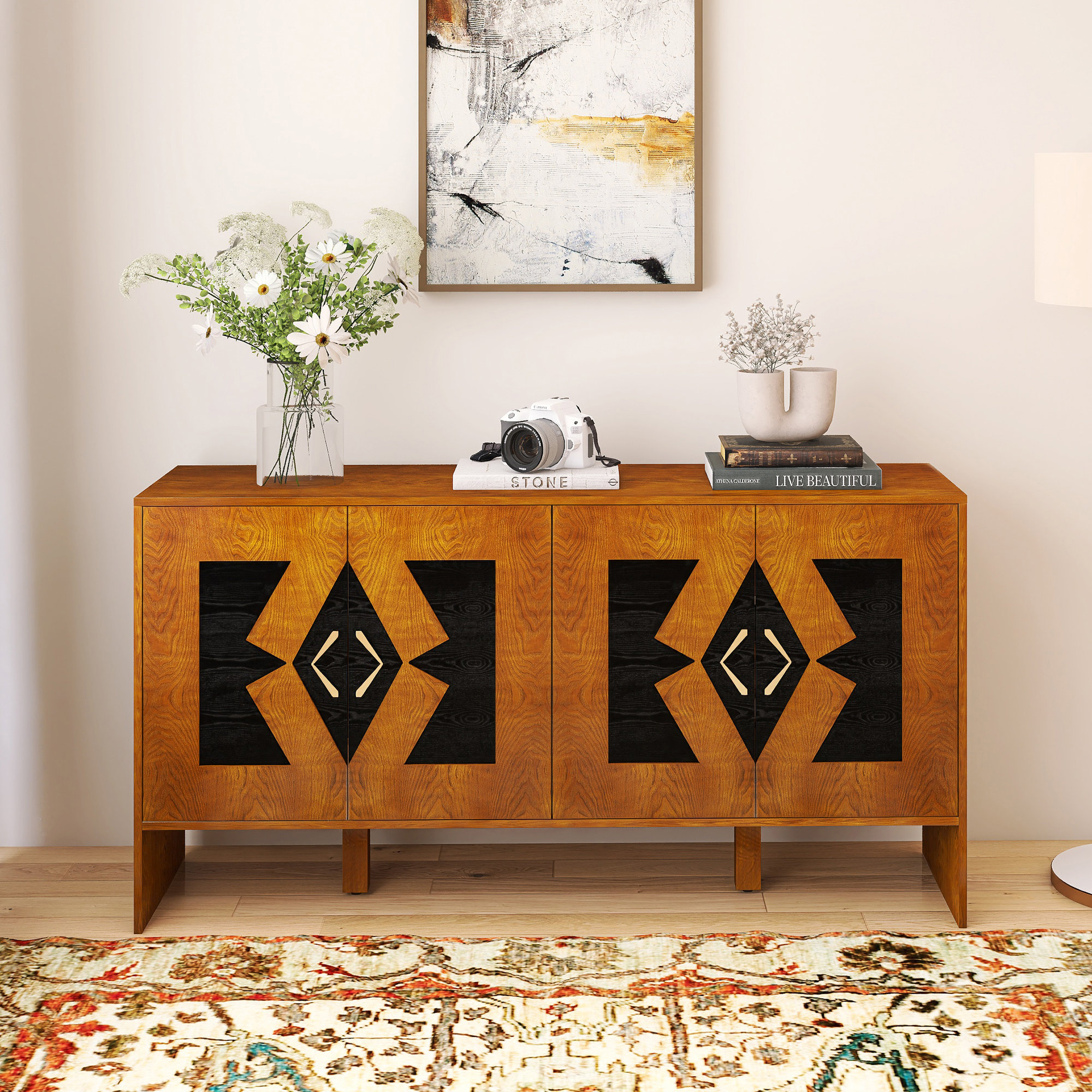 Ebern Designs 60 Inch Wood Sideboard With Geometric Pattern & Adjustable Shelves | Wayfair