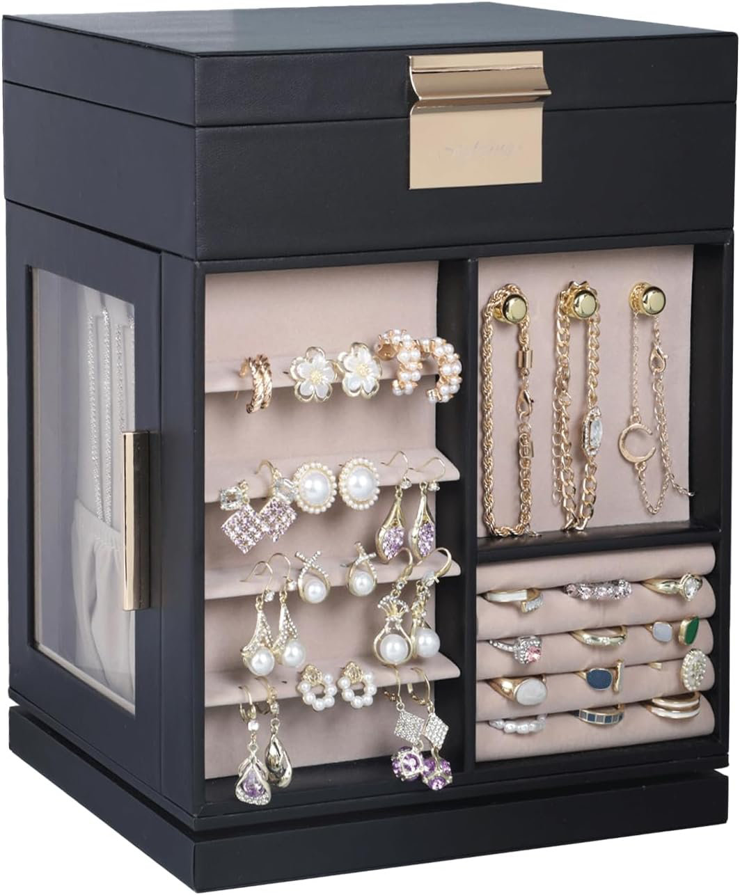 Latitude Run® 360° Rotating Jewelry Organizer Box With 4 Drawers, Glass ...