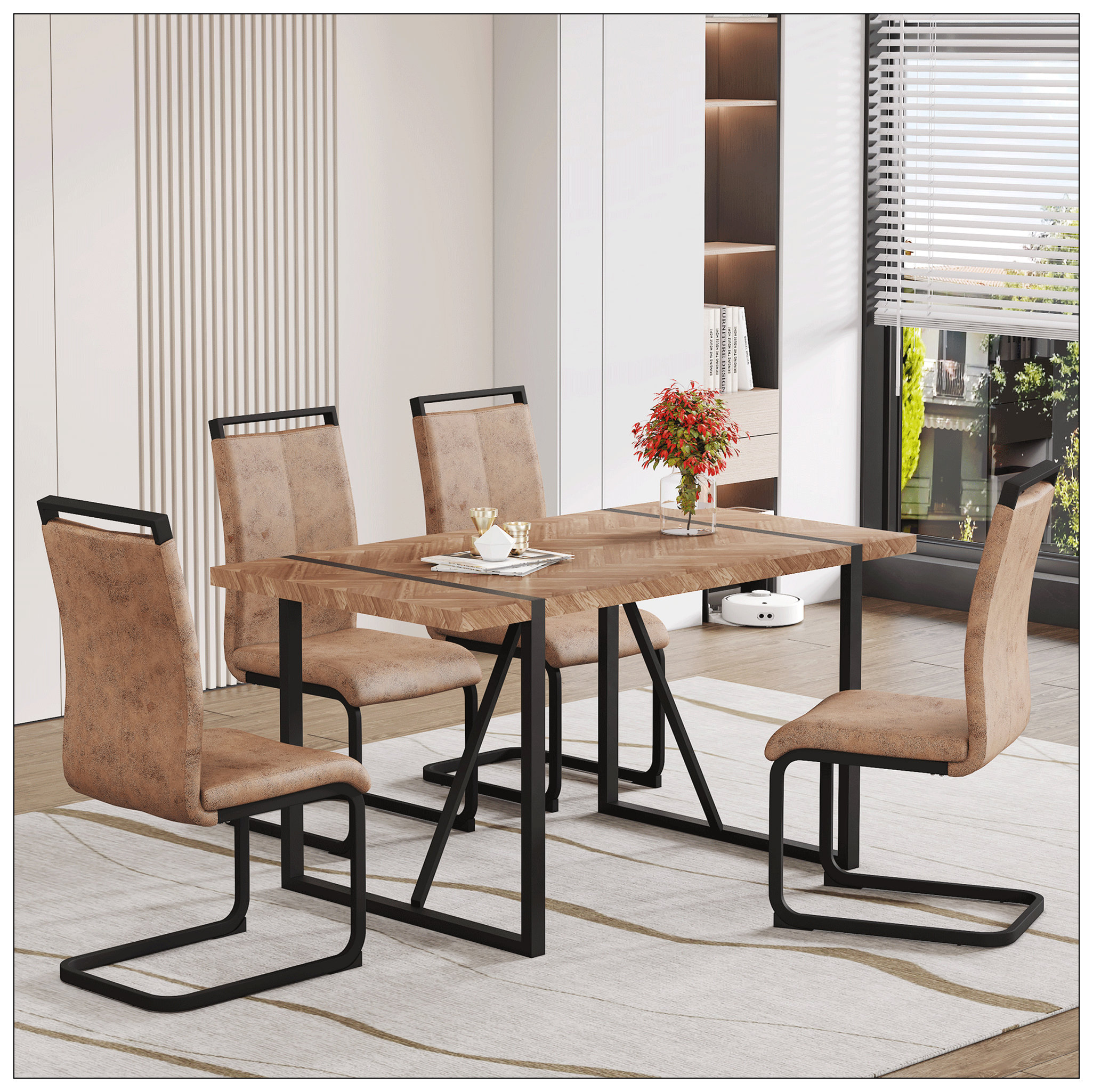17 Stories Table And Chair Set.A Retro Rectangular Dining Table With A ...
