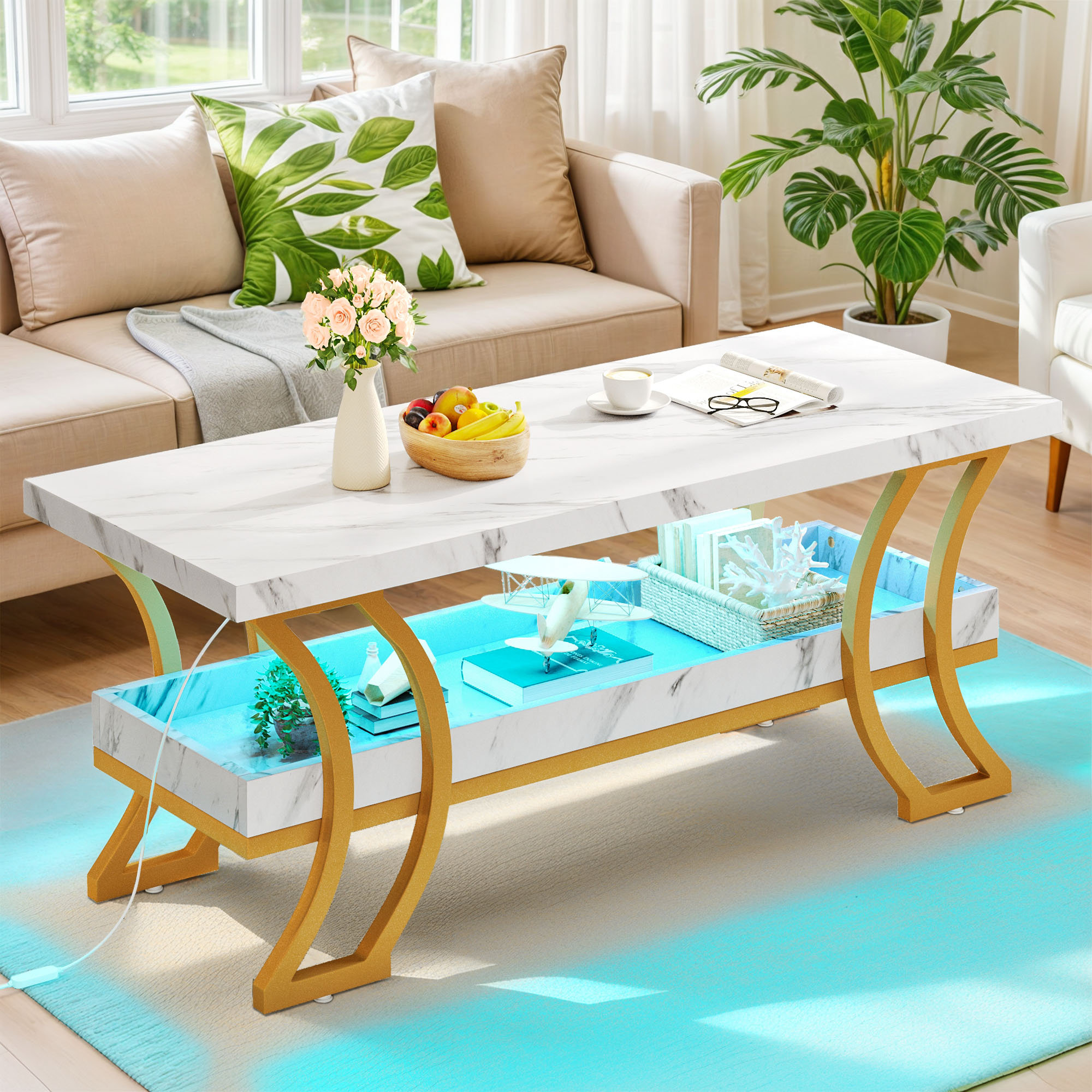 Wrought Studio™ Keauna LED Coffee Table with Marble Textured Tabletop ...