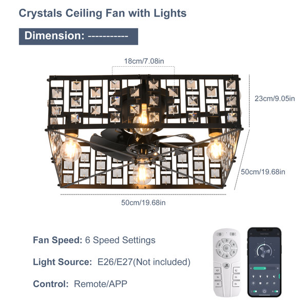 Mercer41 19.68'' Crystal Square Caged Flush Mount Ceiling Fan with ...