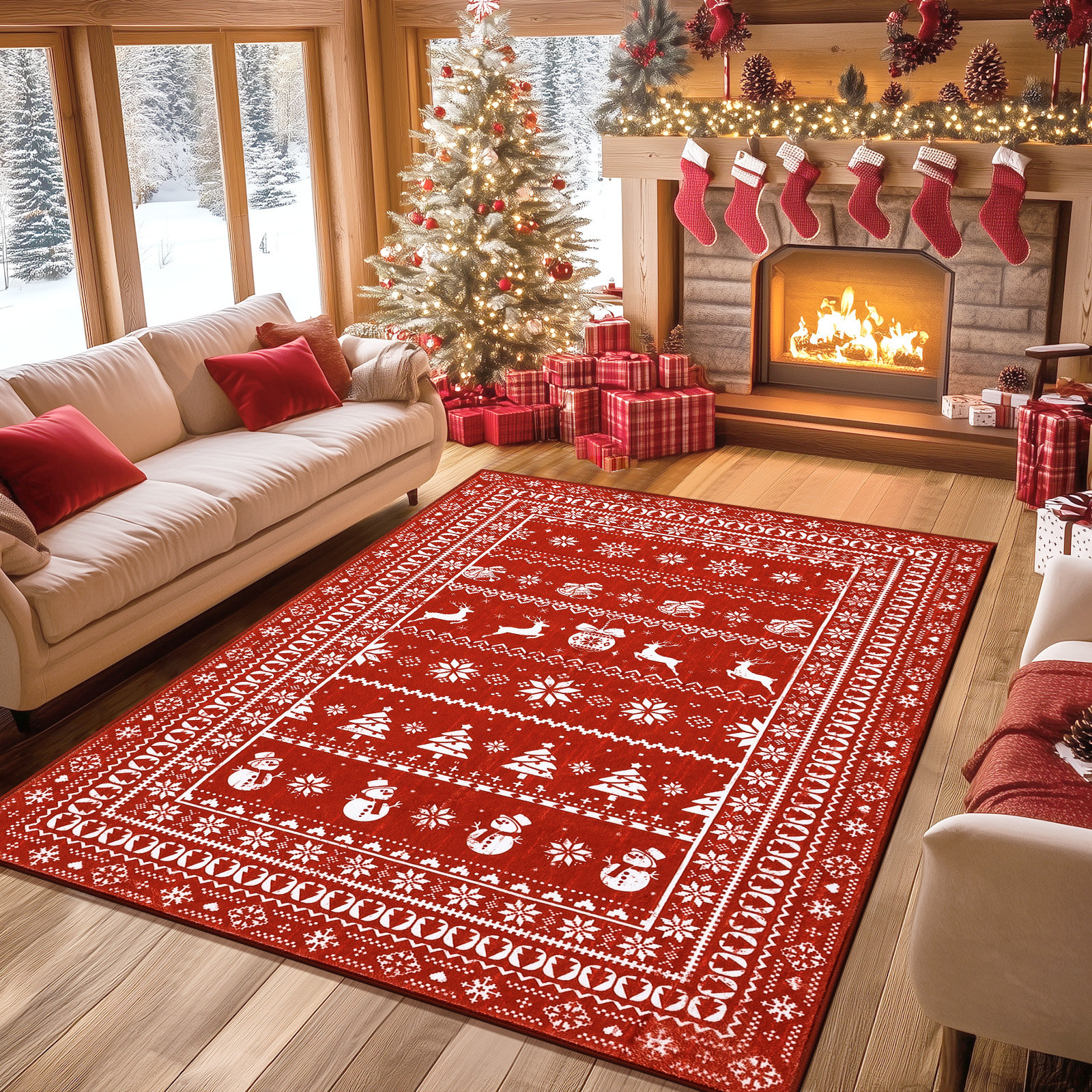 The Holiday Aisle® Christmas Boho Area Rug Washable Non-slip Snowflake ...