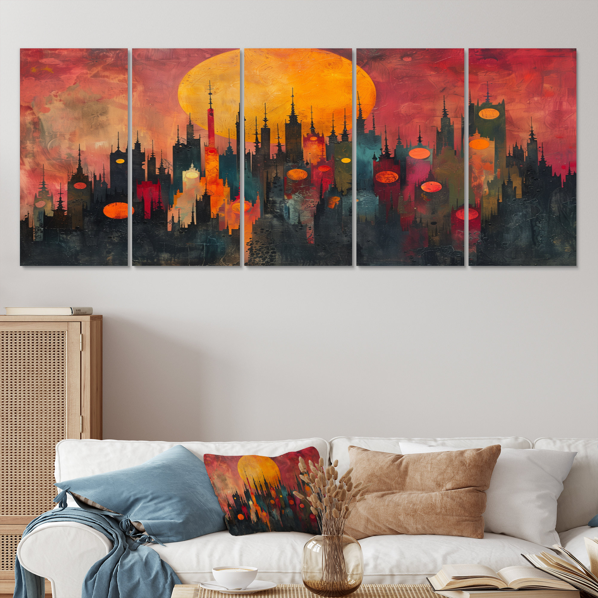 Design Art Red Yellow Fantastical Folly Towers IV - Towers Wall Decor ...