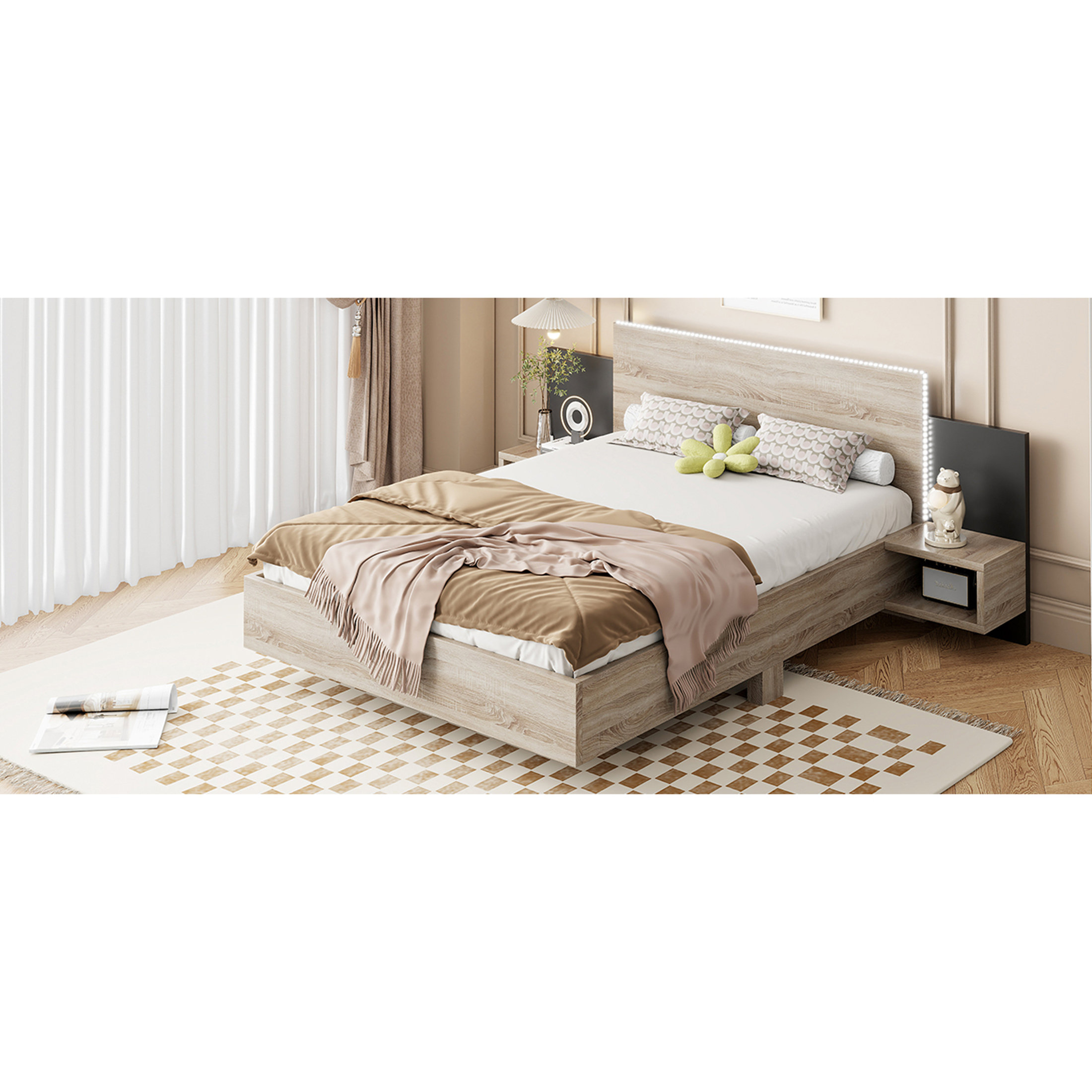 Latitude Run® Wooden Floating Platform Bed with LED Allure & Nightstand ...