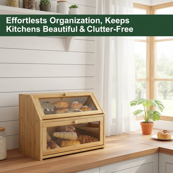 Hokku Designs Farmhouse Bread Box & Double Layer Bamboo Wooden Storage ...