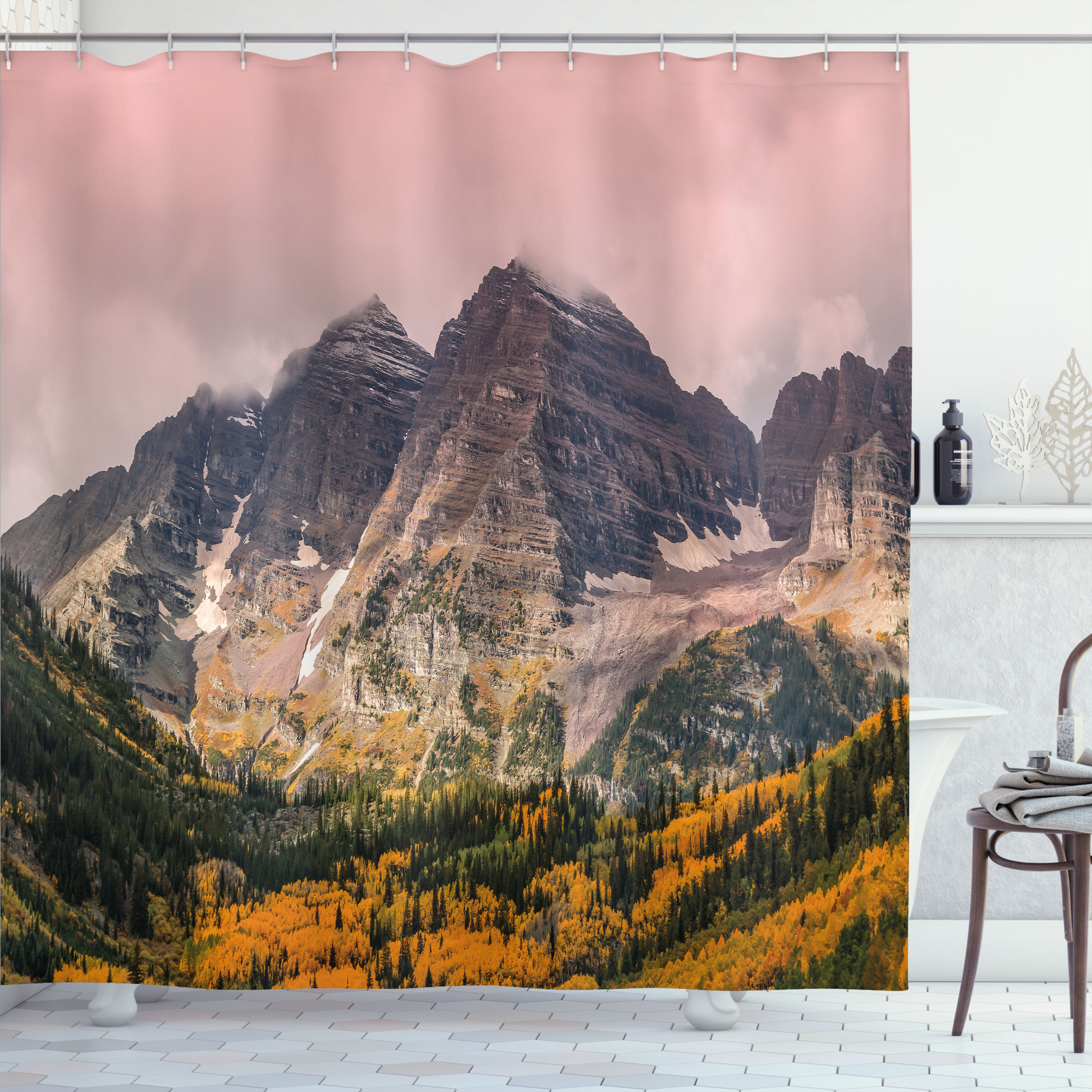 Union Rustic Nature Shower Curtain Mountain Forest Scenery Multicolor ...