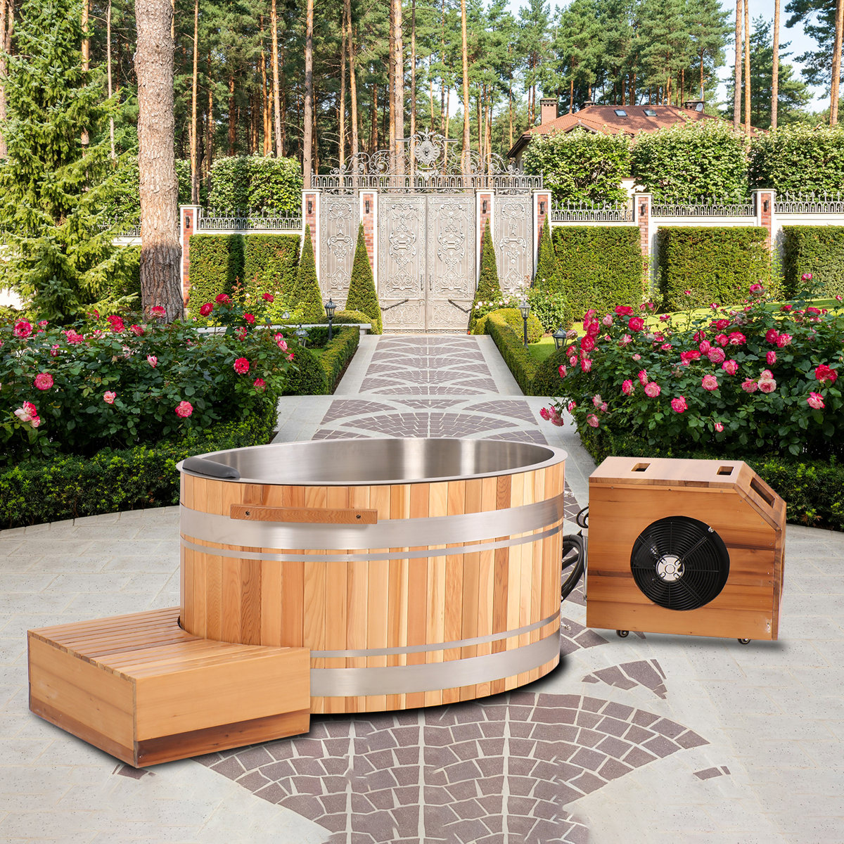 Anyi 110 Volt 1 - Person Red Cedar Oval Plug and Play Ice Tub | Wayfair