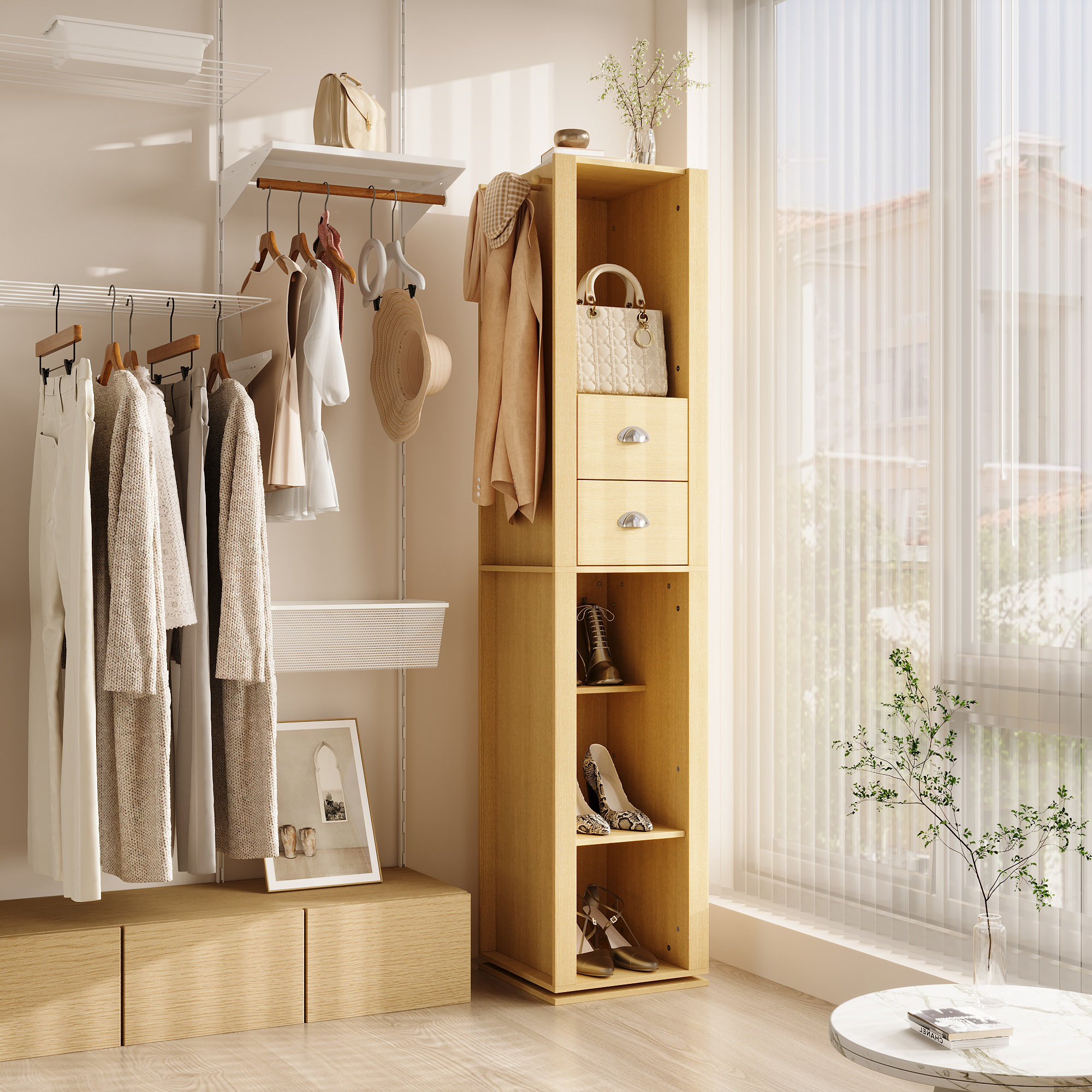 Rebrilliant 360° Rotating Closet Tower With Mirror, Drawers, Hangers ...
