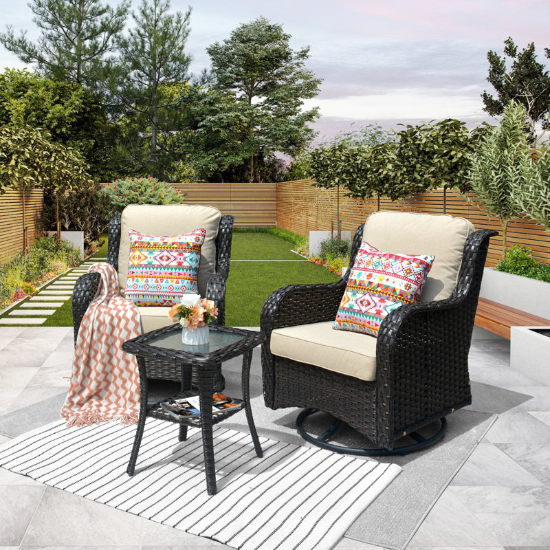 Lark Manor Tommy Swivel Wicker Rattan Outdoor Rocking Chairs Set with ...