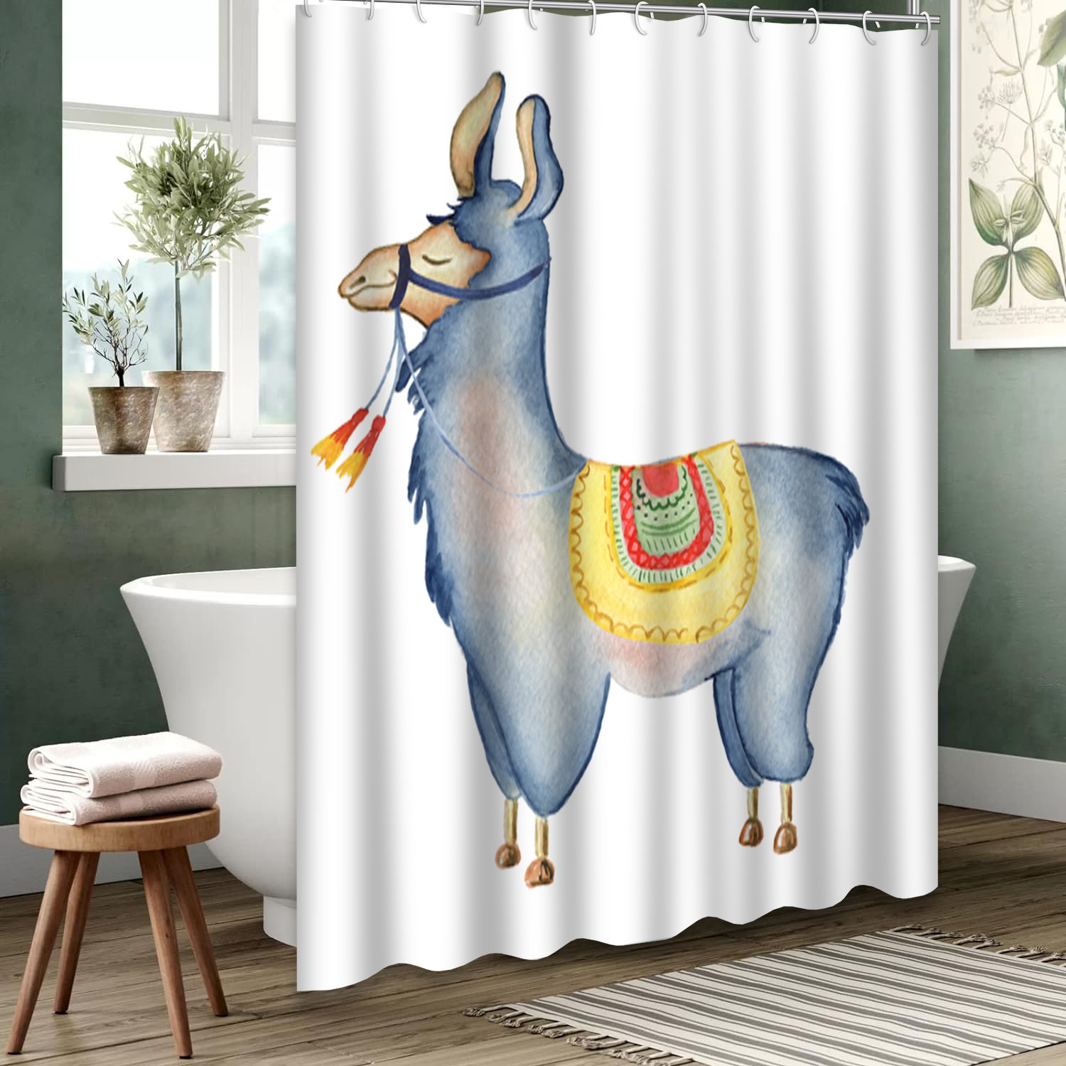 East Urban Home Waterproof White Baby Shower Curtain with Cute Llama Cartoon, 72 in, 12 Hooks ...