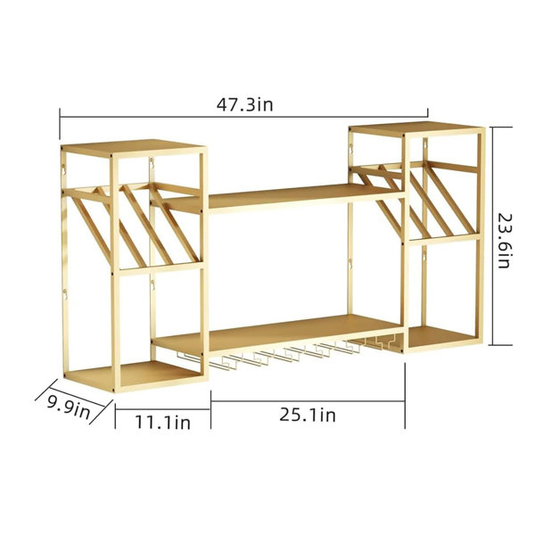 Everly Quinn Floating Gold Metal Bar Shelves With Wine Rack And Glass ...