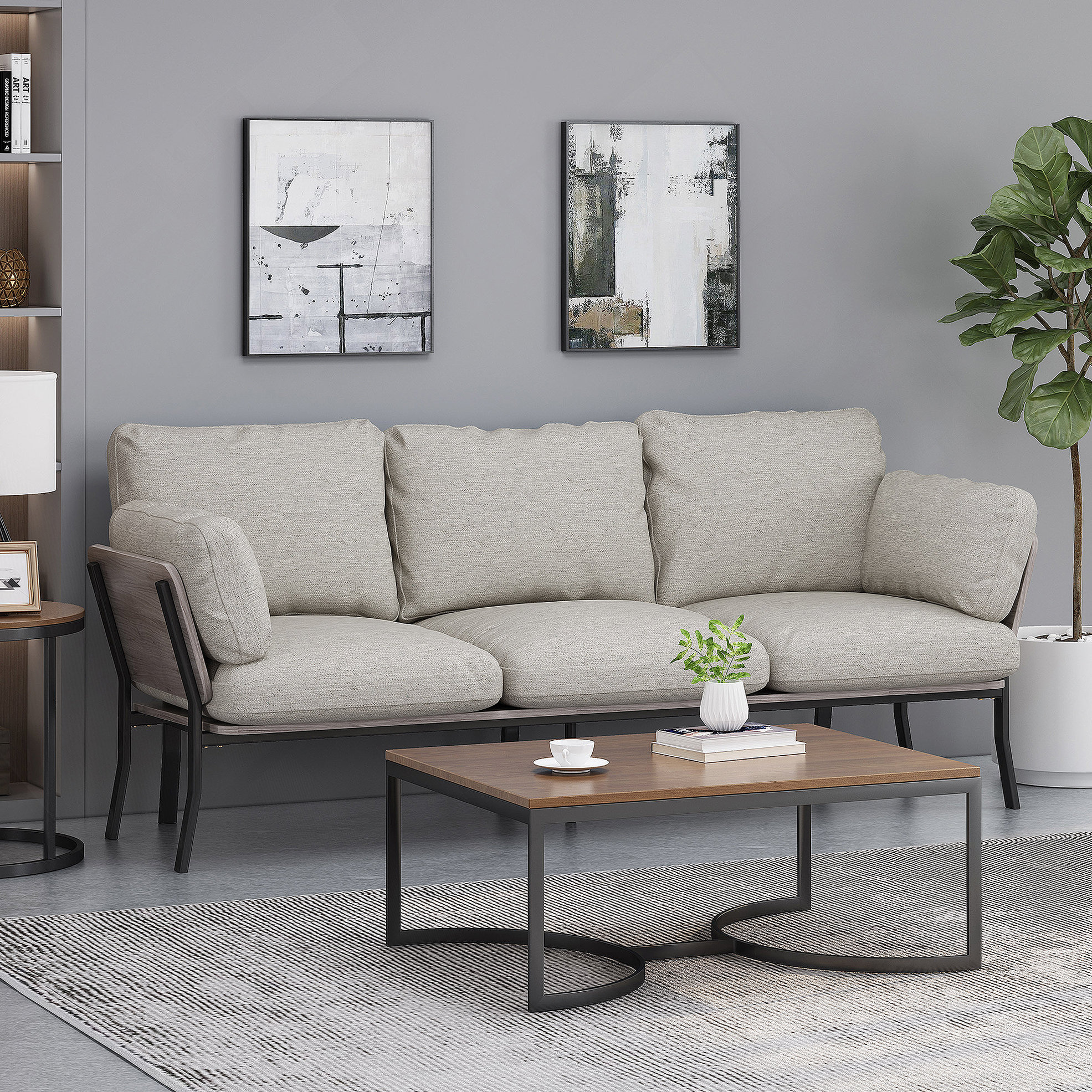 George Oliver 3-Seater Mid-Century Modern Sofa with Pillow Cushions and ...