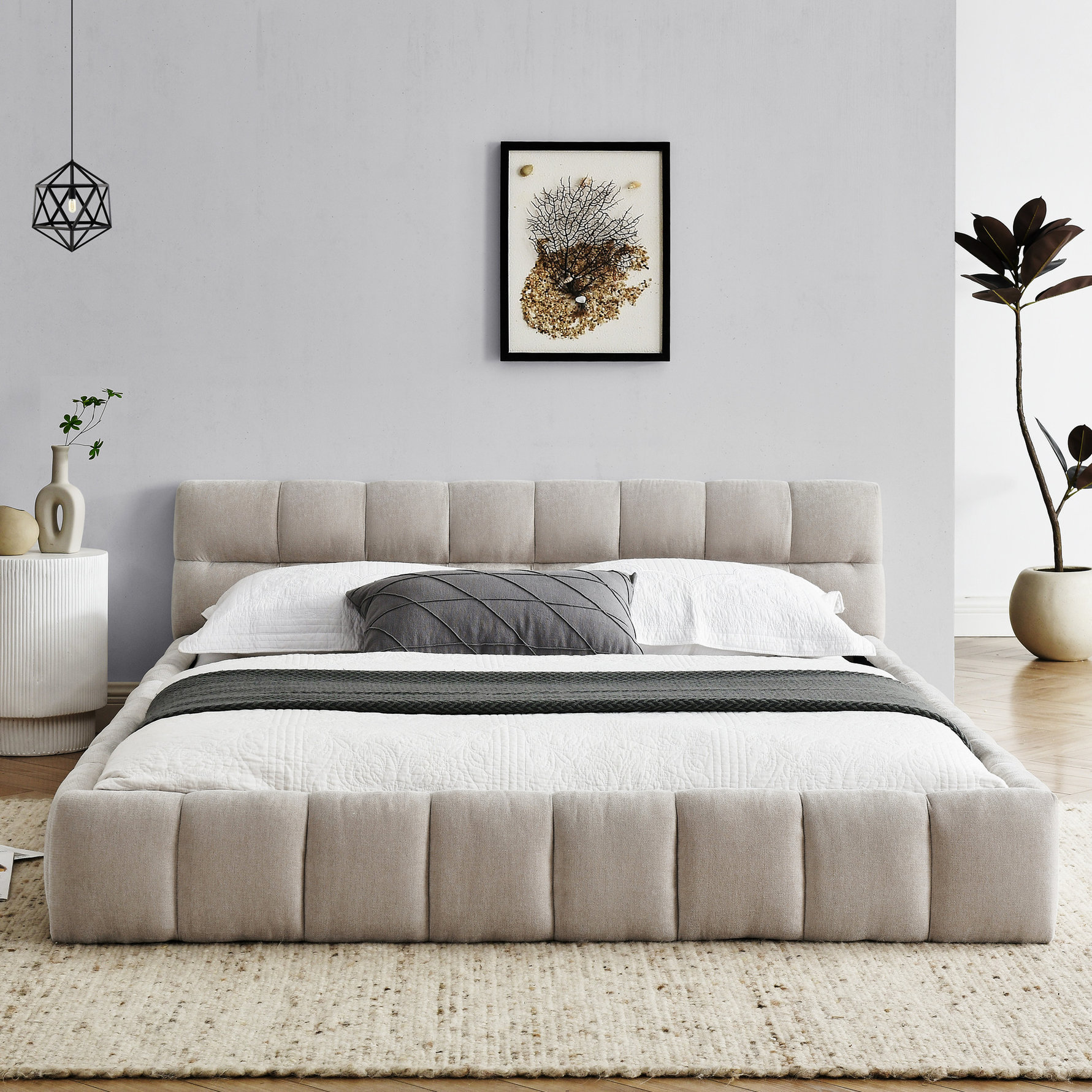 Latitude Run® Thick Chenille Fabric Queen Size Bed Frame, No Box Spring ...