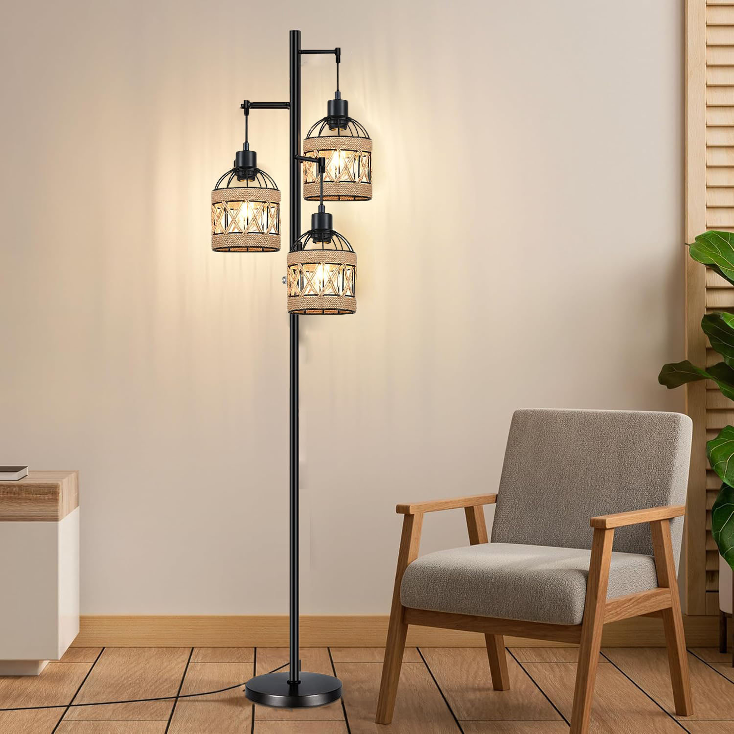 Bay Isle Home™ Rattan Tree Floor Lamp – 3-Light Industrial Farmhouse ...