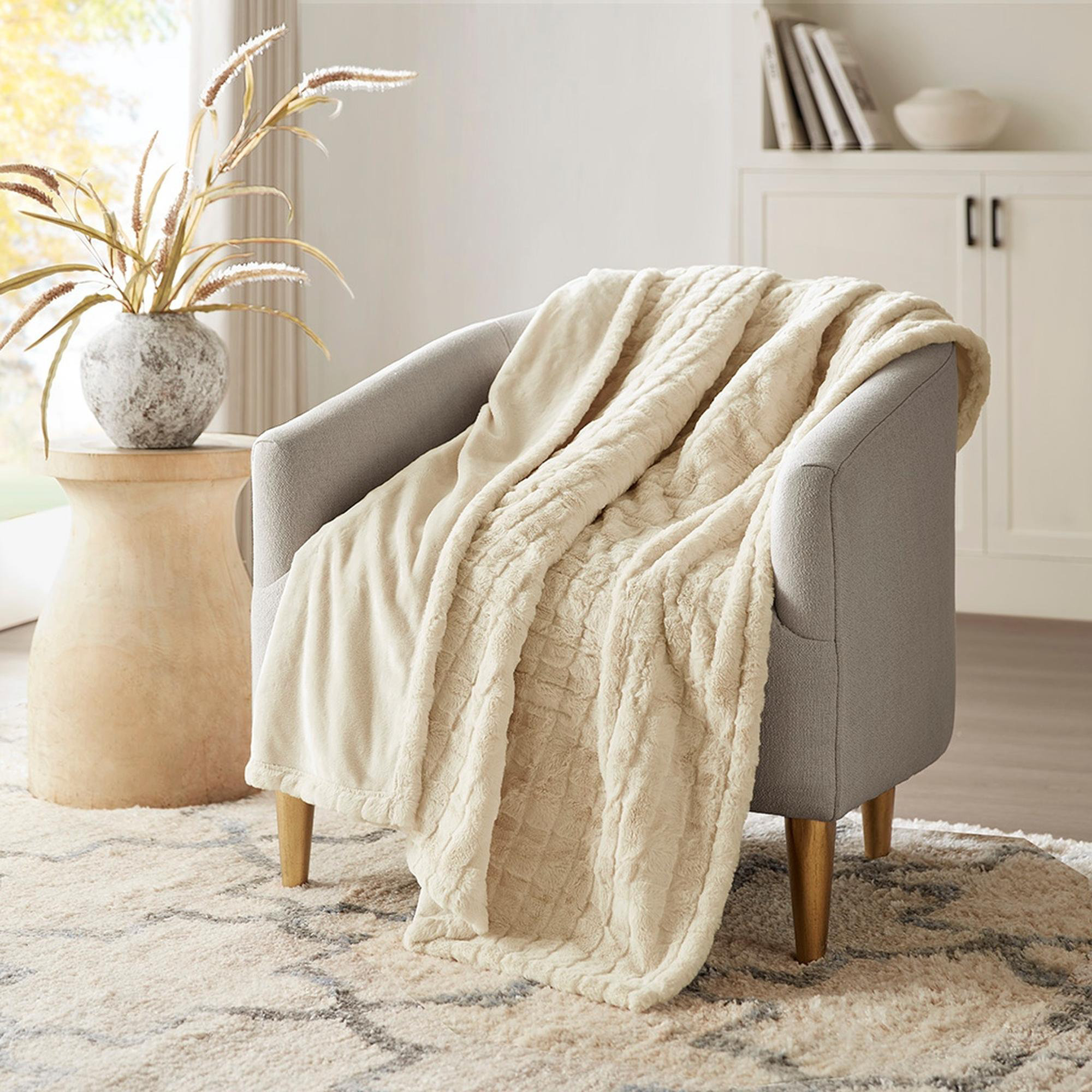EASTANA 50x70" Oversized Faux Fur Heated Throw Grey Texture | Wayfair