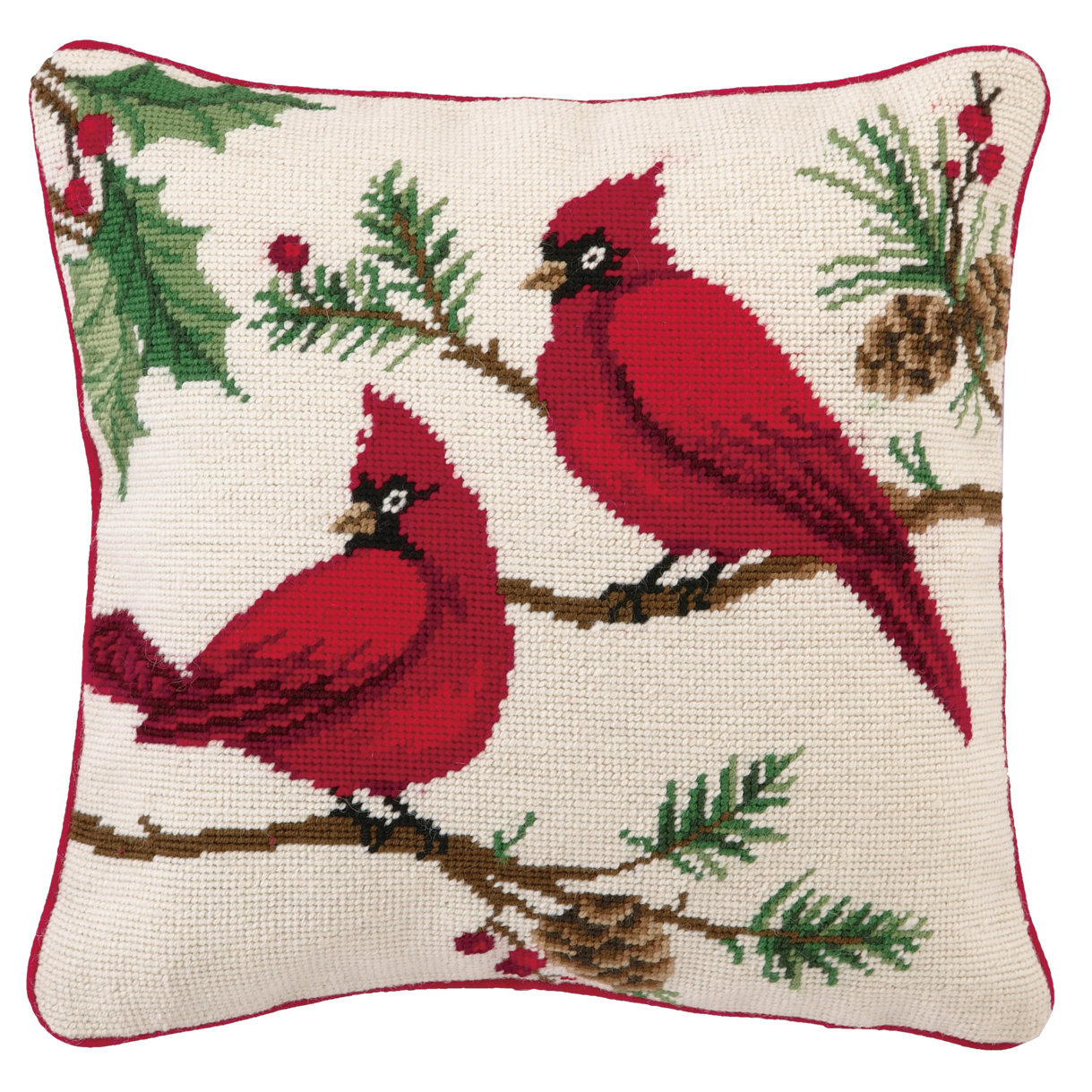 Peking Handicraft Needlepoint Winterberry Cardinals Wool Throw Pillow & Reviews | Wayfair