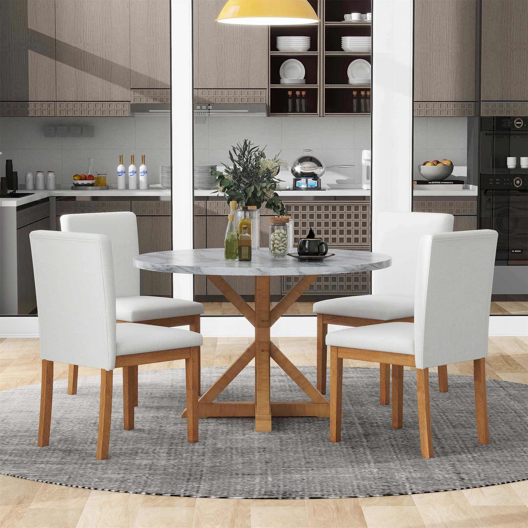 Lark Manor Kesha 5-Piece Farmhouse Style Dining Table Set, Marble ...