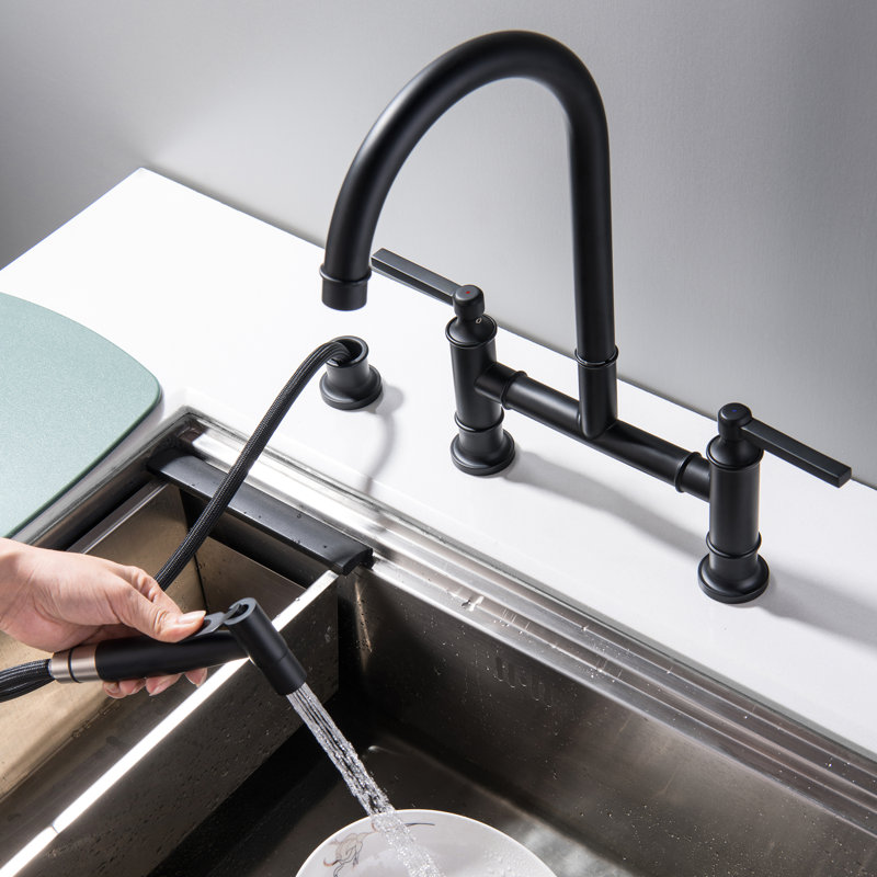 Selected Bridge Double Handles Kitchen Faucet With Side Spray & Reviews ...