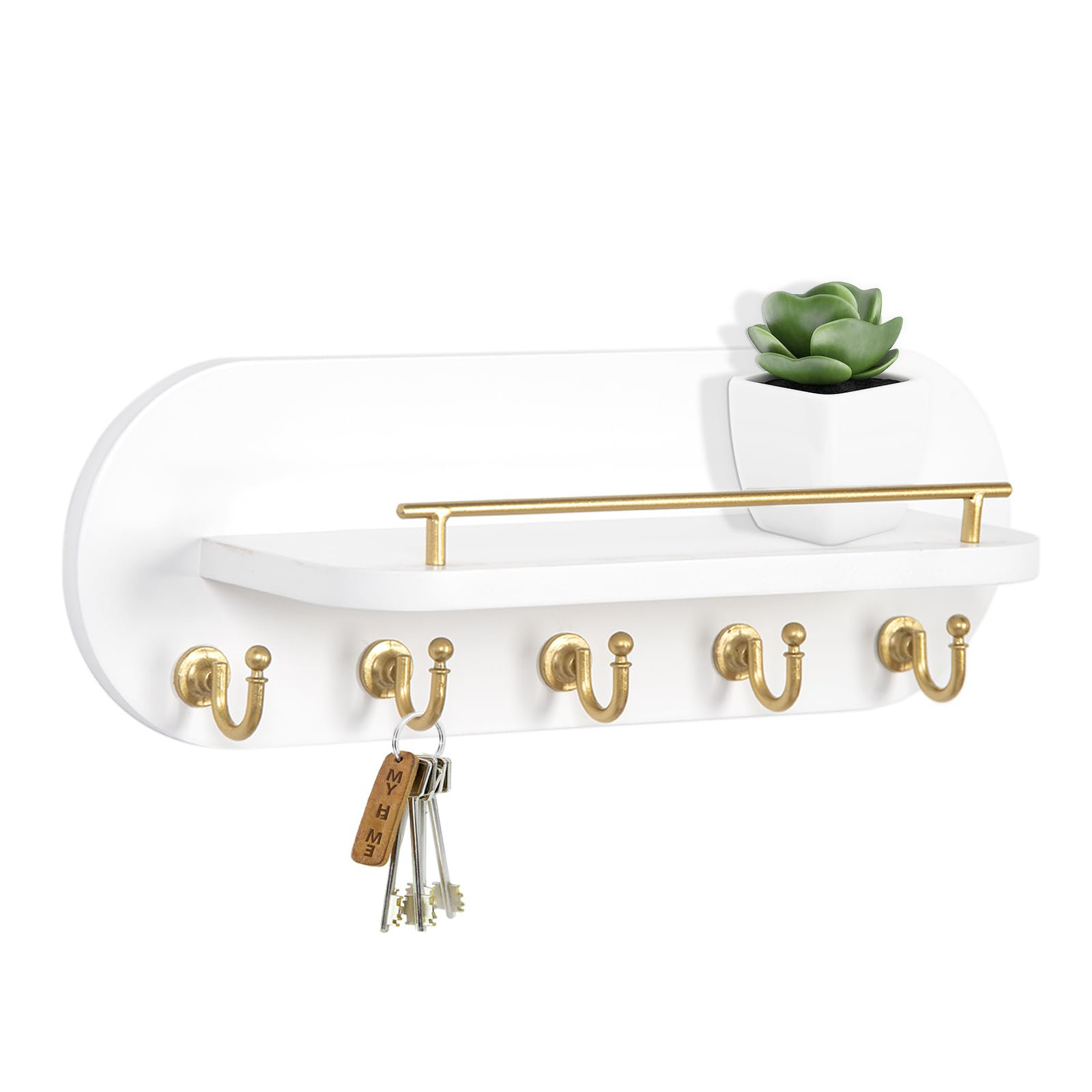 Ebern Designs Wall Mounted Wooden Key Rack With 5 Gold Hooks And Rails ...