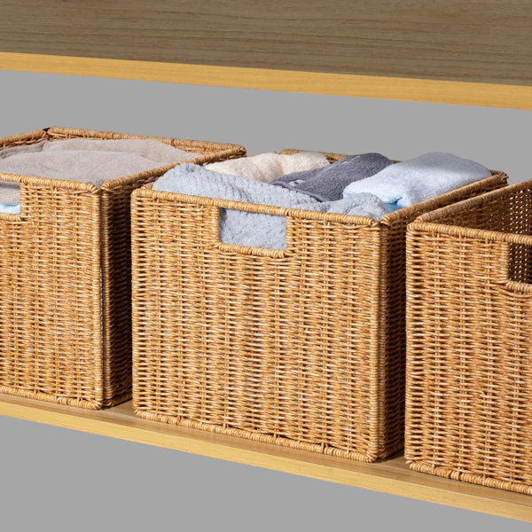 Gracie Oaks Wicker Storage Basket Set Of 3, Large Cube Basket, Foldable ...