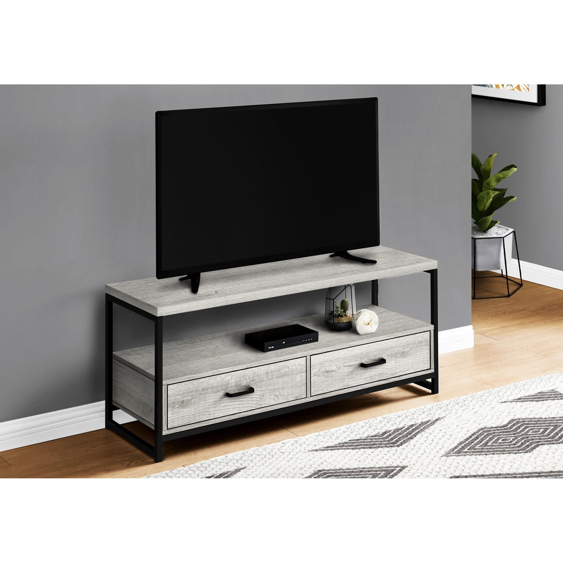 Latitude Run® 48 Inch Tv Console, Grey Laminate Surface, Black Metal ...