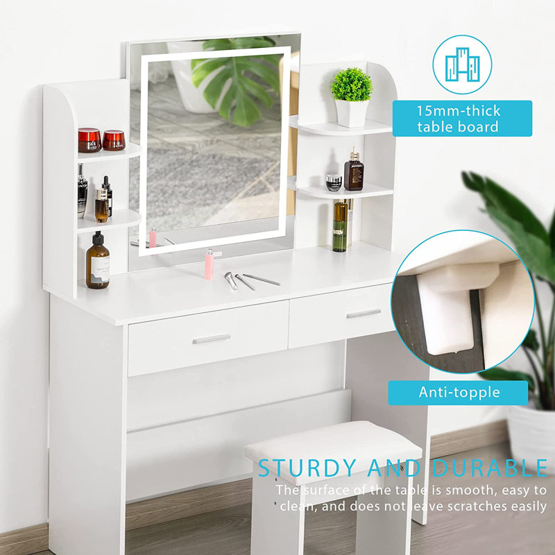 Ebern Designs Decorian Makeup Vanity Table Set With 3-colour Dimmable ...