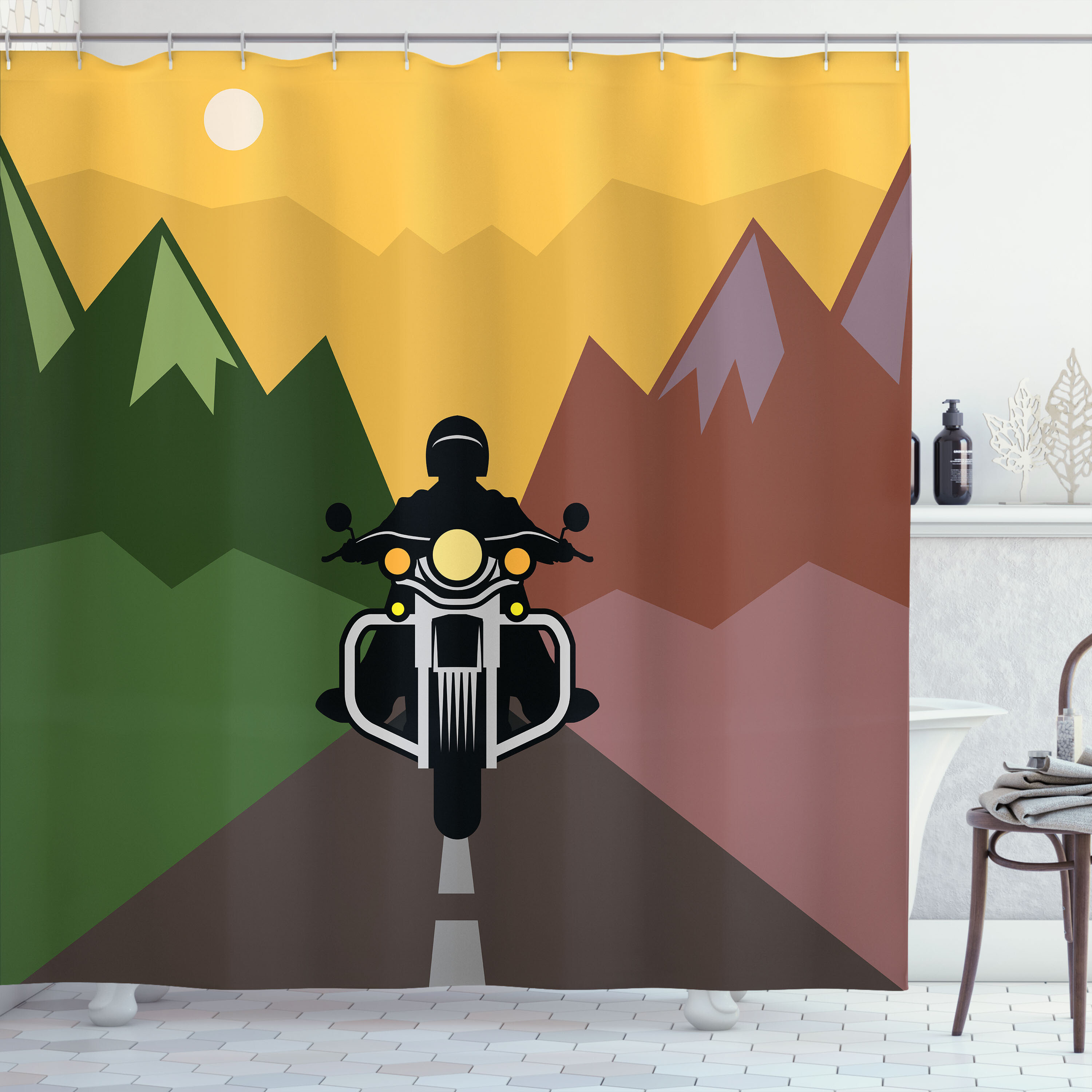 East Urban Home Motorcycle Shower Curtain Rider in Mountains Multicolor ...