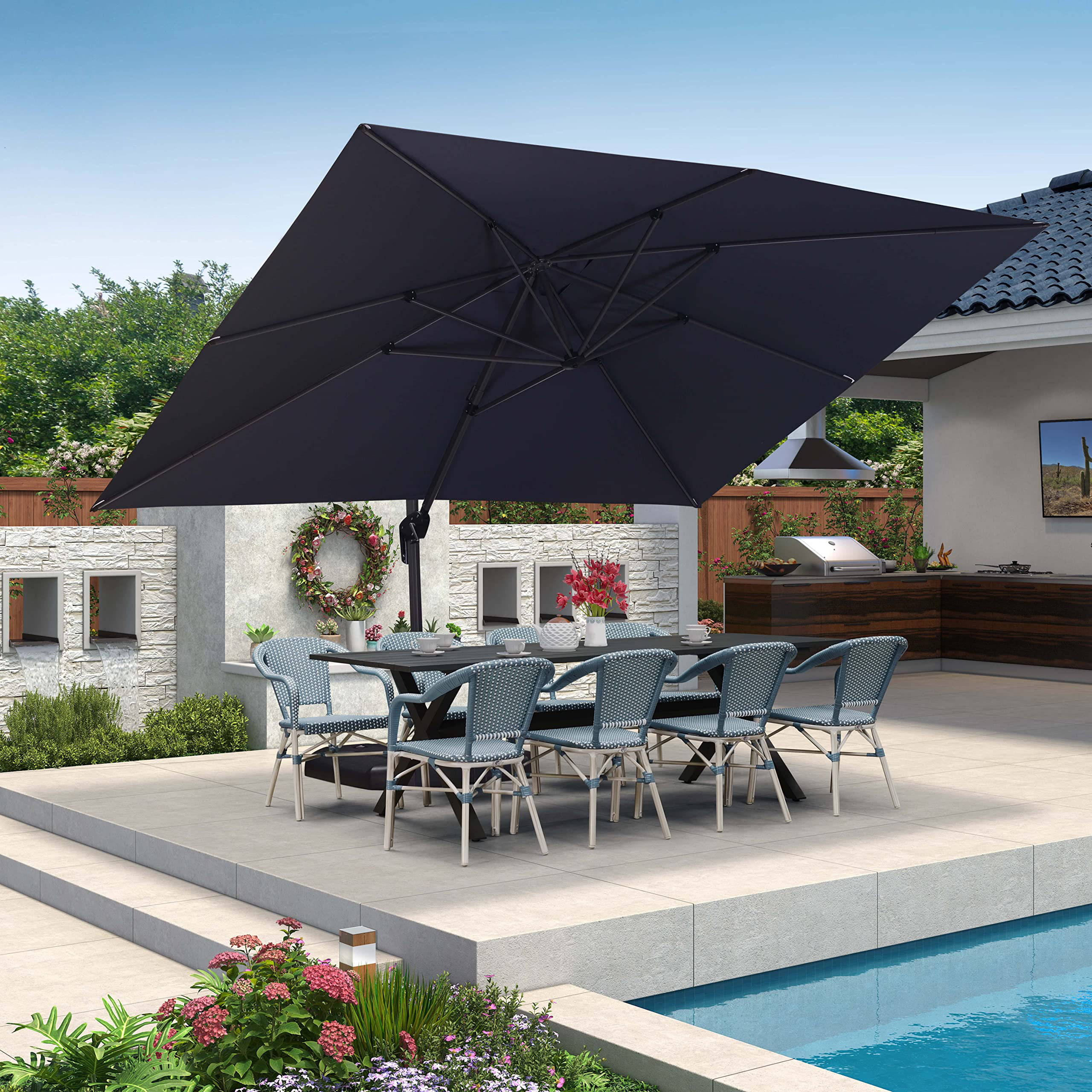 Arlmont & Co. 10 x 13 Ft Large Rectangular Tilt Adjustable Curved Cantilever Umbrella with Base ...