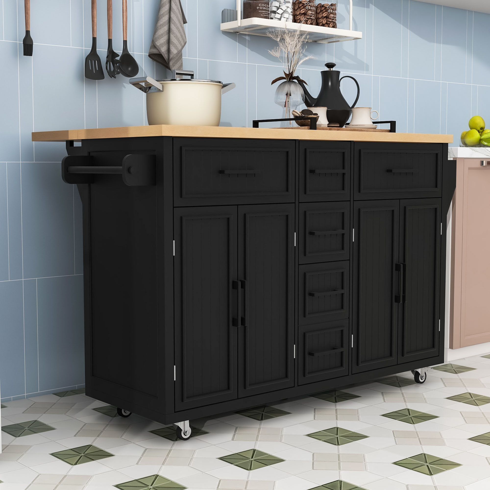 Lark Manor™ Wooden Kitchen Island with Storage Drawers, Shelves ...