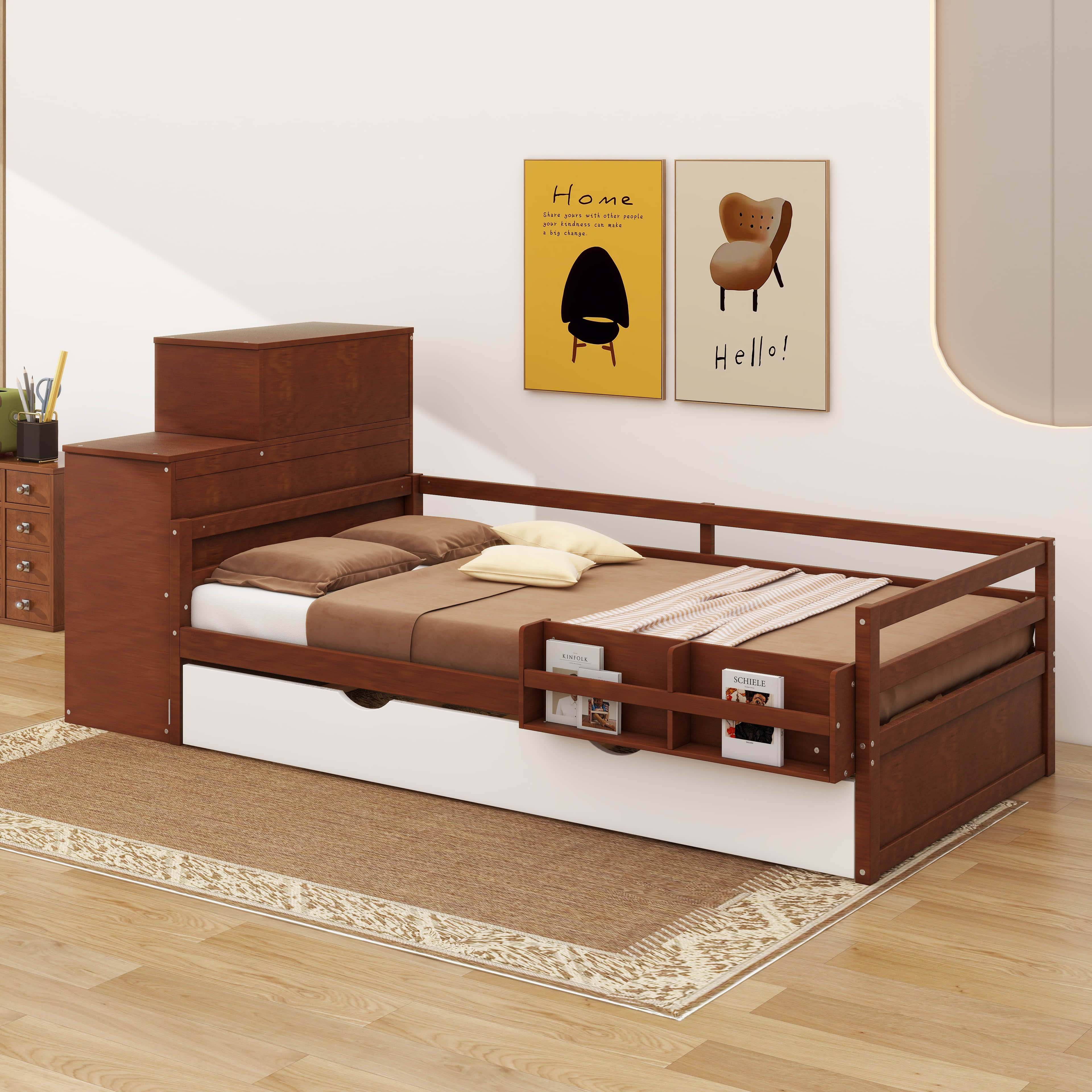 Red Barrel Studio® Twin Size Wood Platform Bed With Bookshelf Movable ...