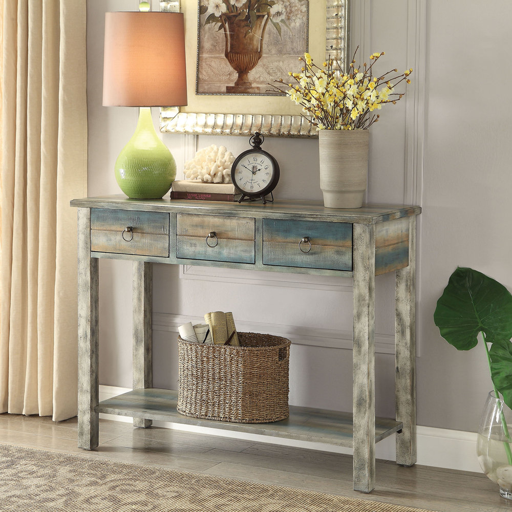 Beachcrest Home™ Antique Grey and Teal 3-drawer Console Table | Wayfair