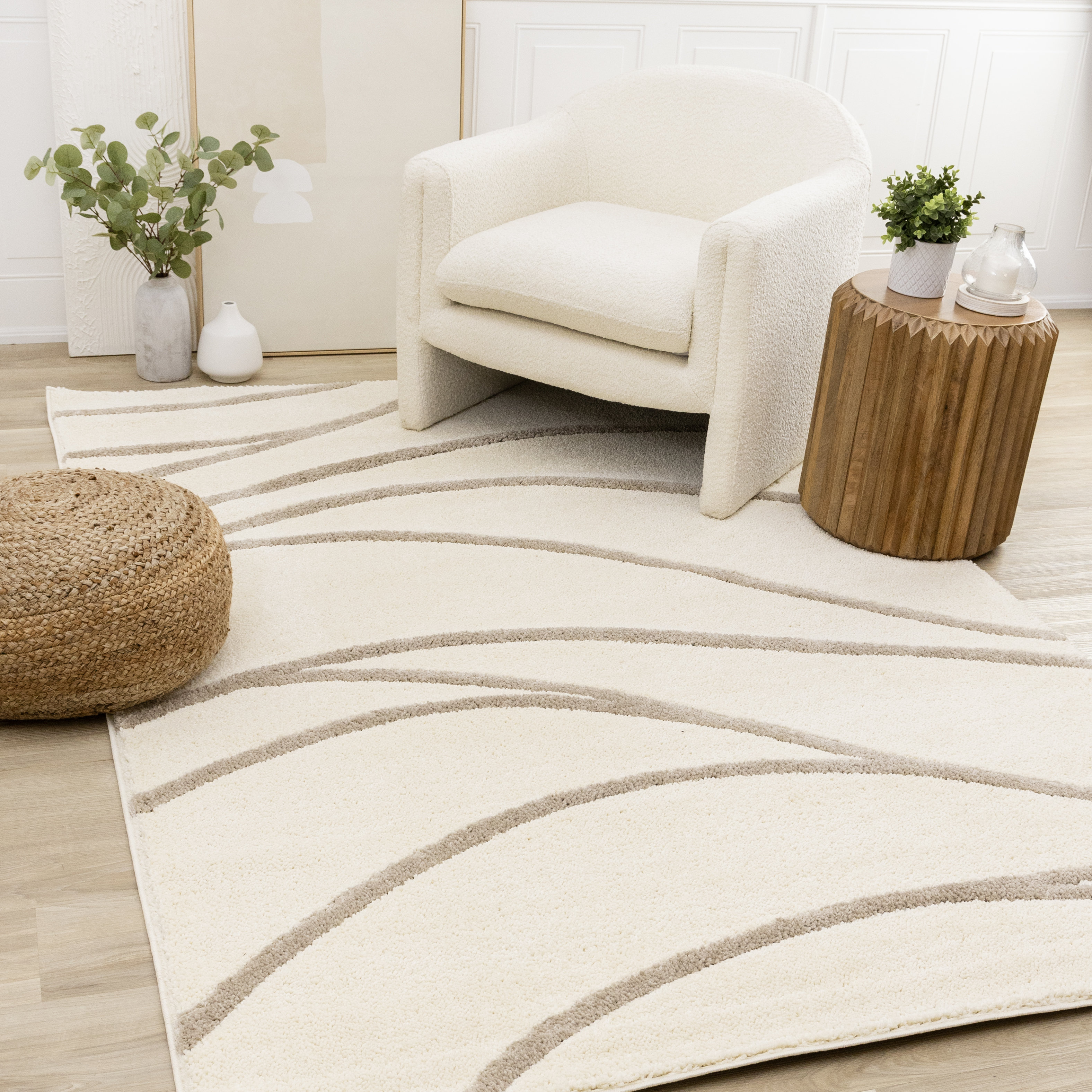 Latitude Run® Hiren Cream Grey/Beige Curved Lines Area Rug | Wayfair