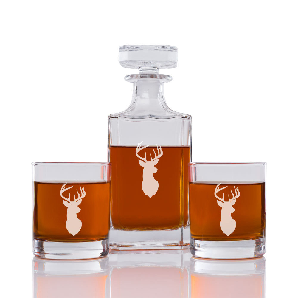 Loon Peak® Antler Engraved 3 Piece Whiskey Decanter Set | Wayfair