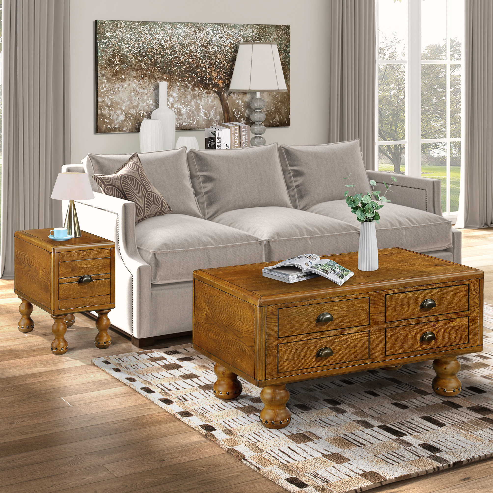 Darby Home Co 3-Piece Solid Wood Living Room Table Set, 1 Coffee Table ...