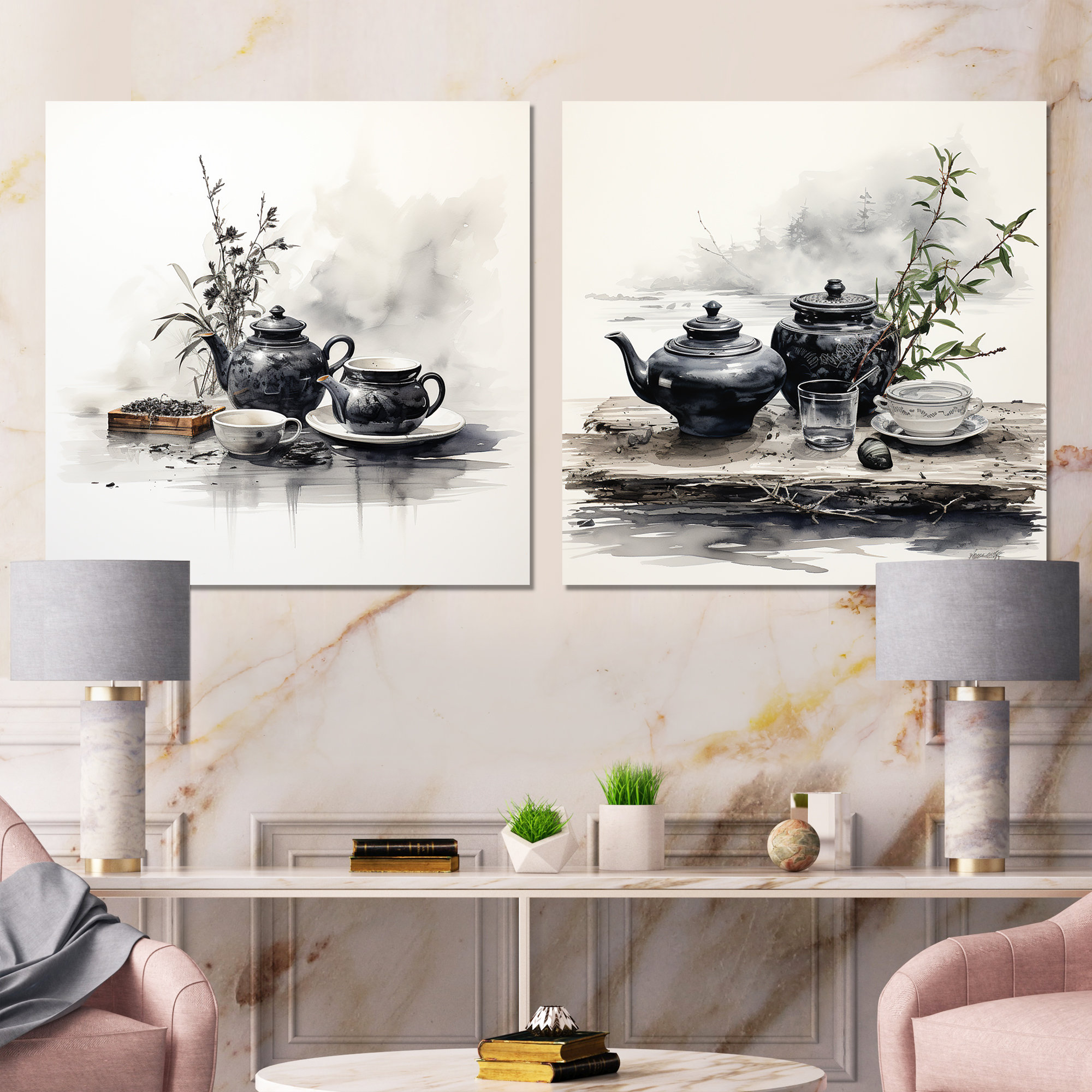 Winston Porter Black And White Boho Tea Set Potteries I - Boho Pottery ...