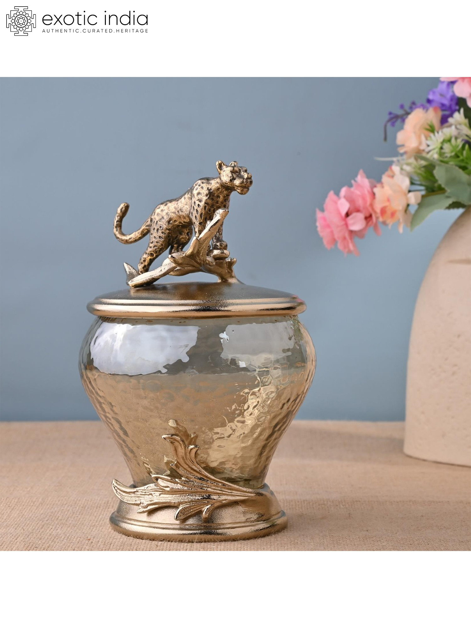 Exotic India 9" Decorative Glass Jar With Panther Lid | Aluminum And ...