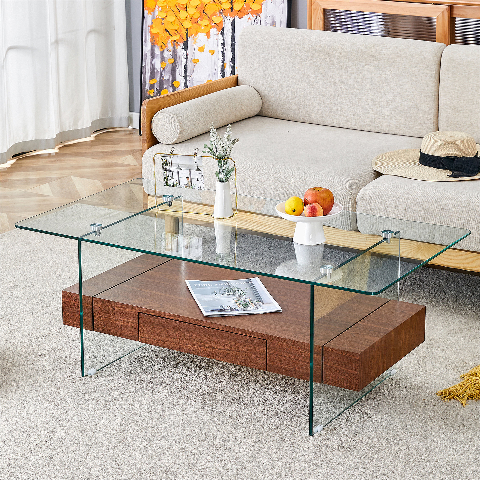 Wrought Studio™ 43.3 Inch Modern Two-Tier Coffee Table - Clear Tempered ...