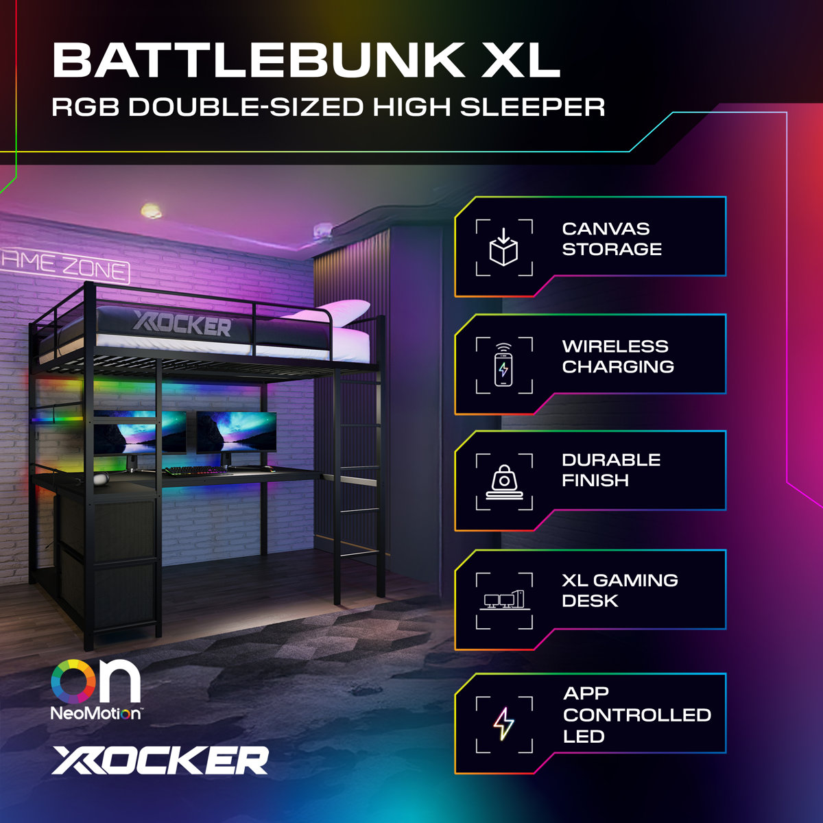 X Rocker Battlebunk XL RGB LED Double High Sleeper Gaming Bunk Bed with ...