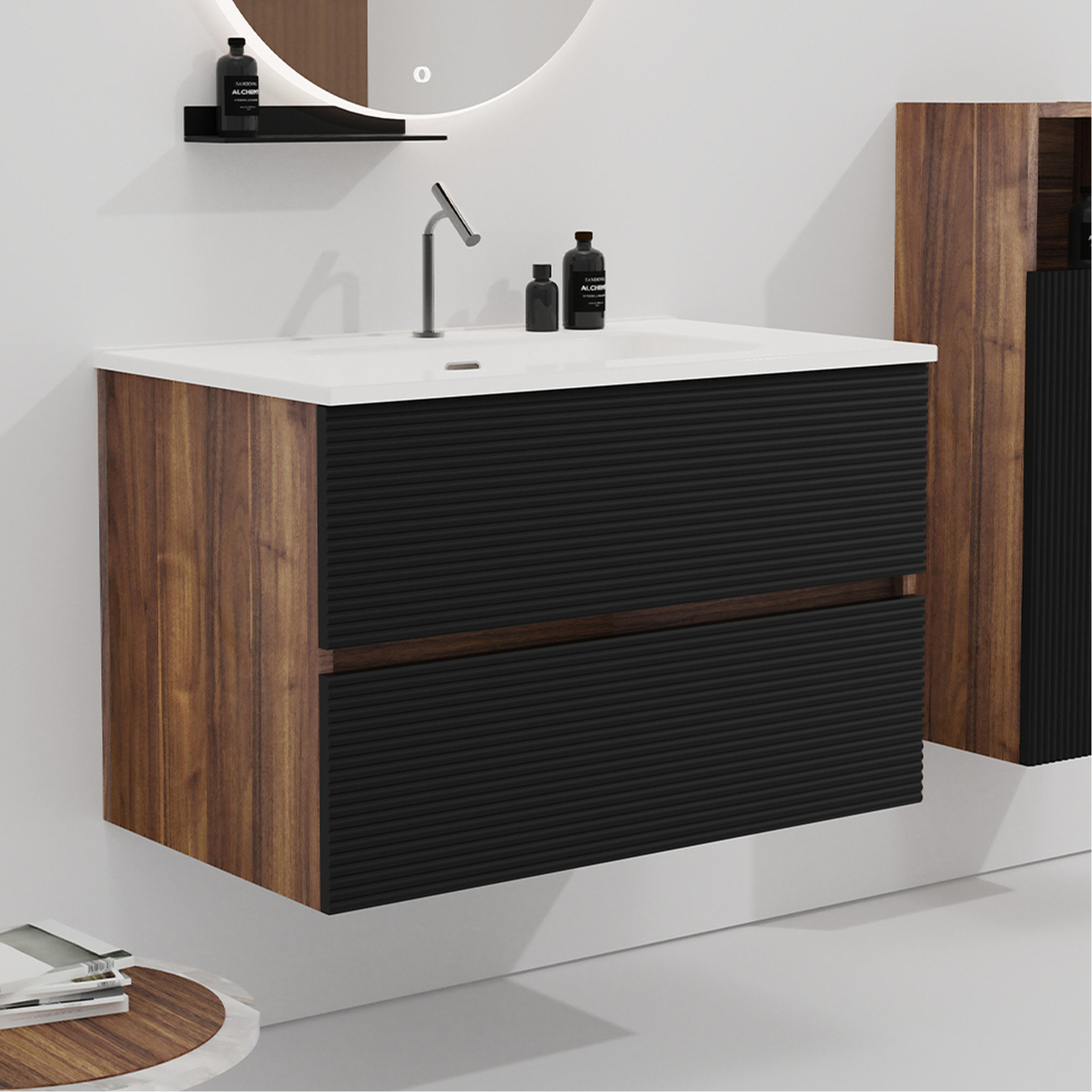Ebern Designs 30" Bathroom Vanity - Soft Black & Walnut Look Ceramic ...