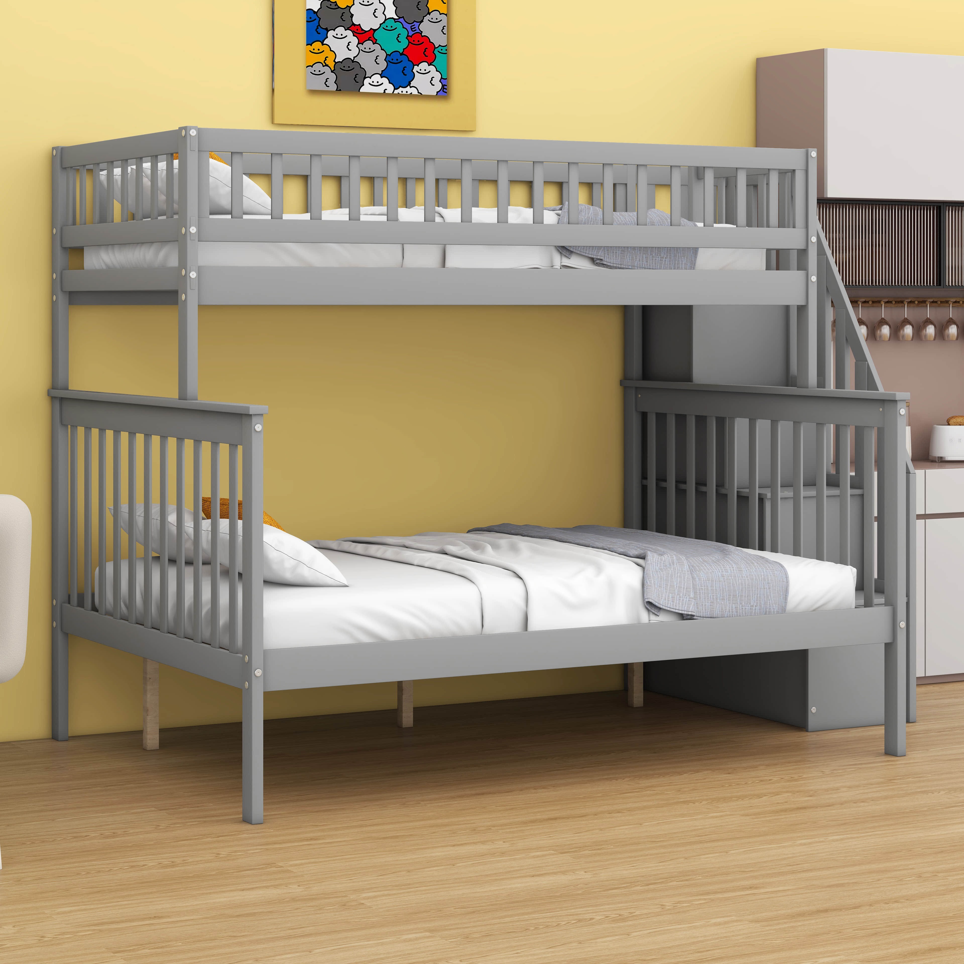 Harriet Bee Twin Over Full Bunk Beds With 4-Step Stairs And Storage ...
