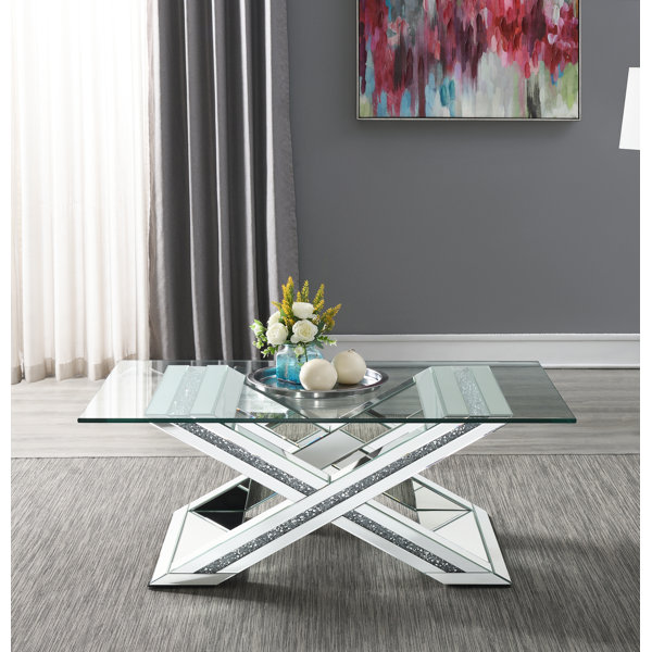 Everly Quinn Gauer X-Base Coffee Table with Glass Top in Mirrored and ...