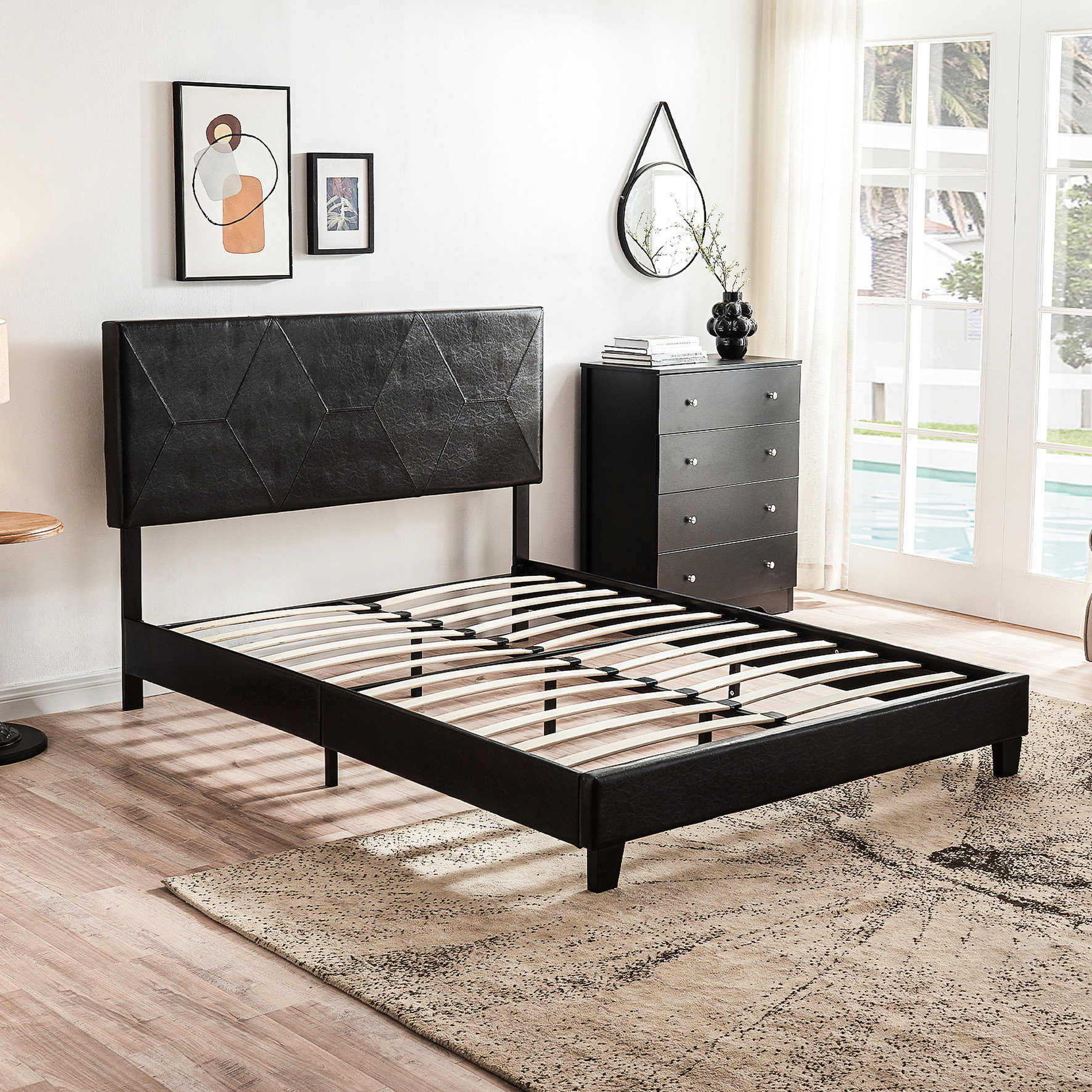 Ebern Designs Modern Upholstered Queen Bed Frame - Black Pu Upholstery ...
