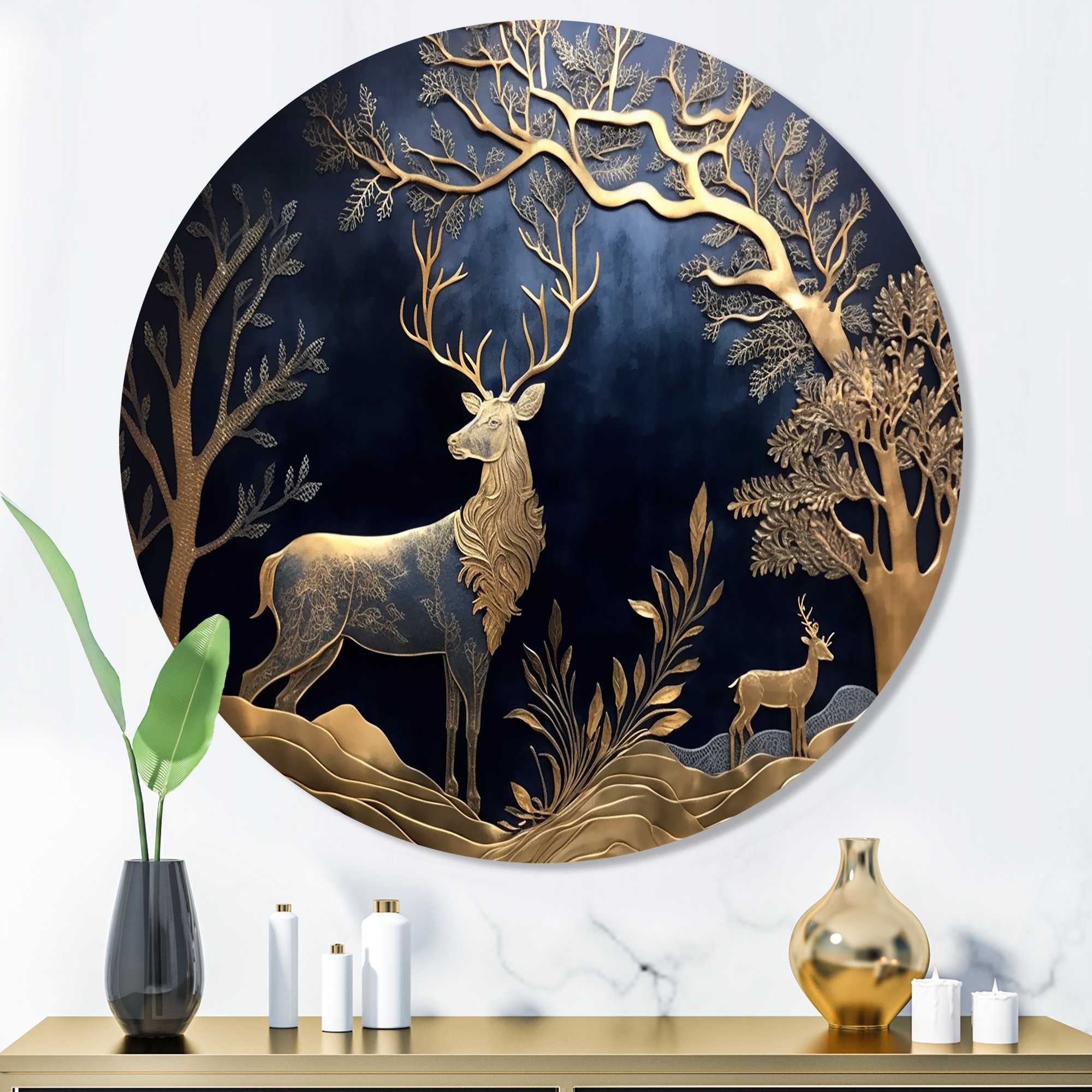 Millwood Pines Manaker Golden Deer In Forest II - Forest Round Metal ...