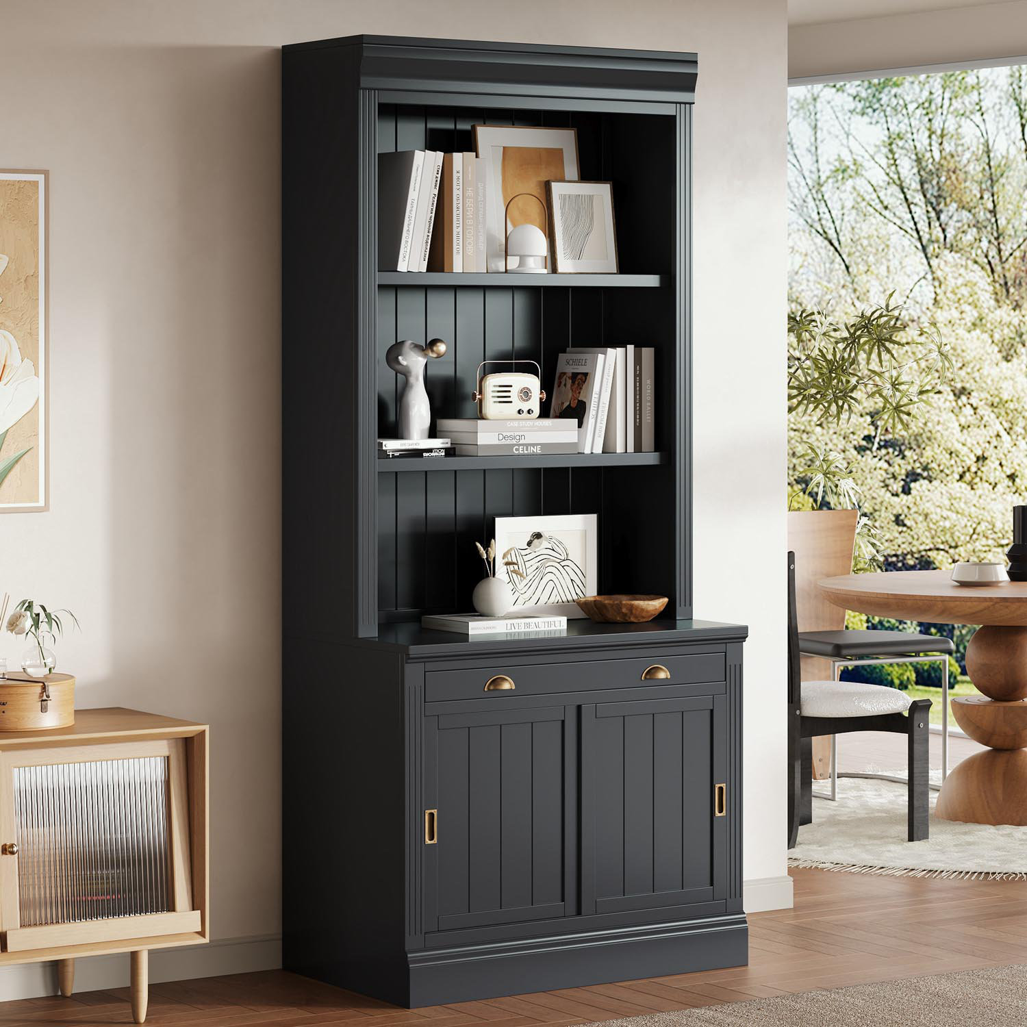 Red Barrel Studio® Modern Bookcase with Sliding Doors and Open Shelves ...