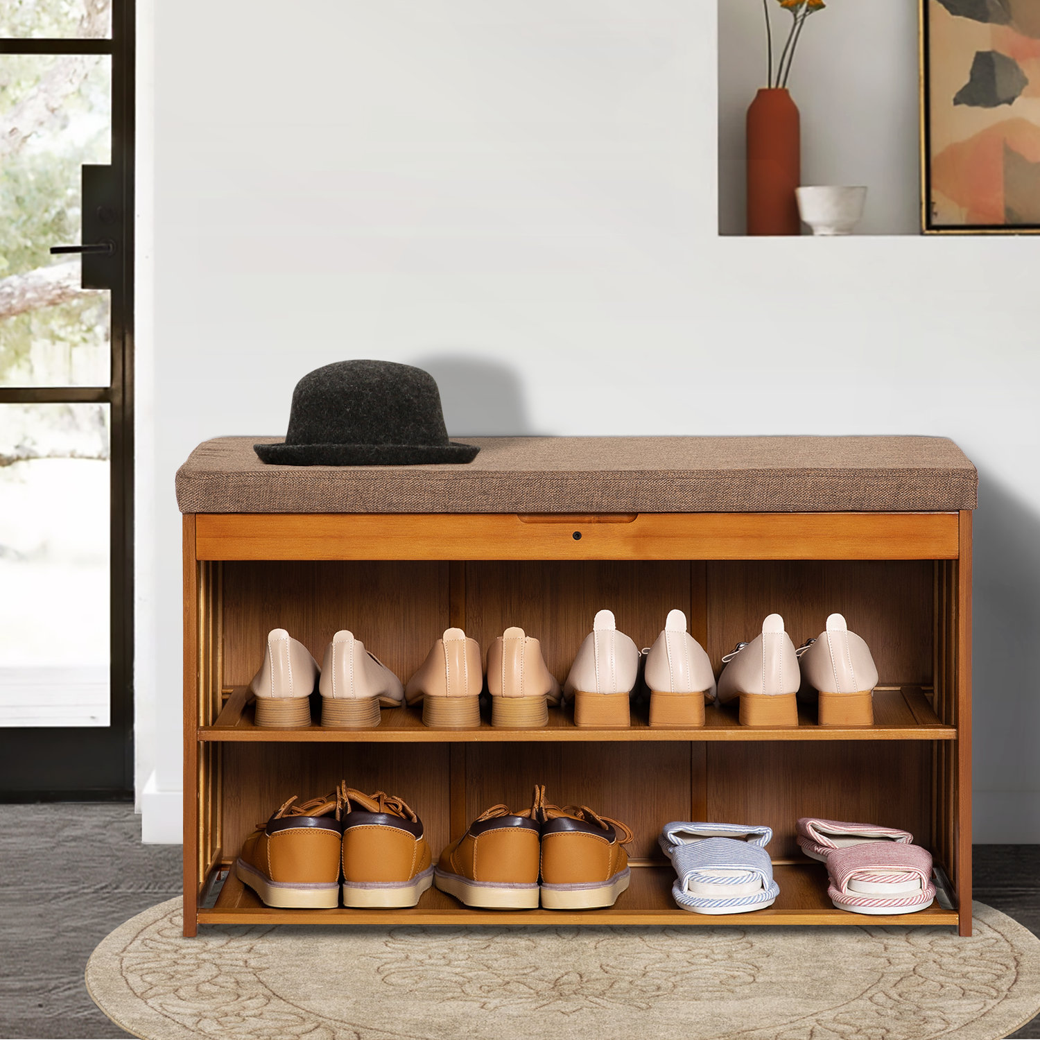 MoNiBloom 2 Tiers 8 Pairs Shoes Changing Stool Bench, Bamboo Shoe Rack ...