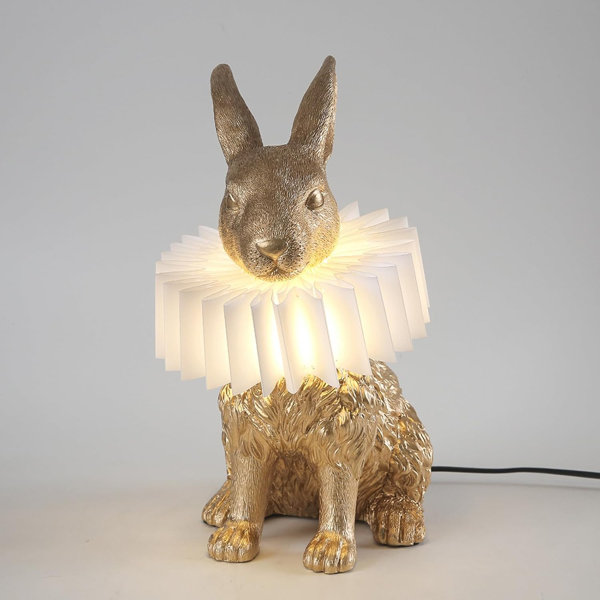 Trinx Gold Resin Rabbit Table Lamp With White Pleated PC Shade And USB ...