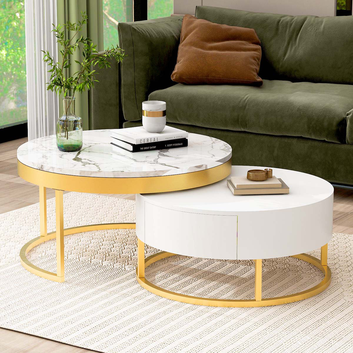 Everly Quinn Loana Round Nesting Coffee Table Set With Drawers ...