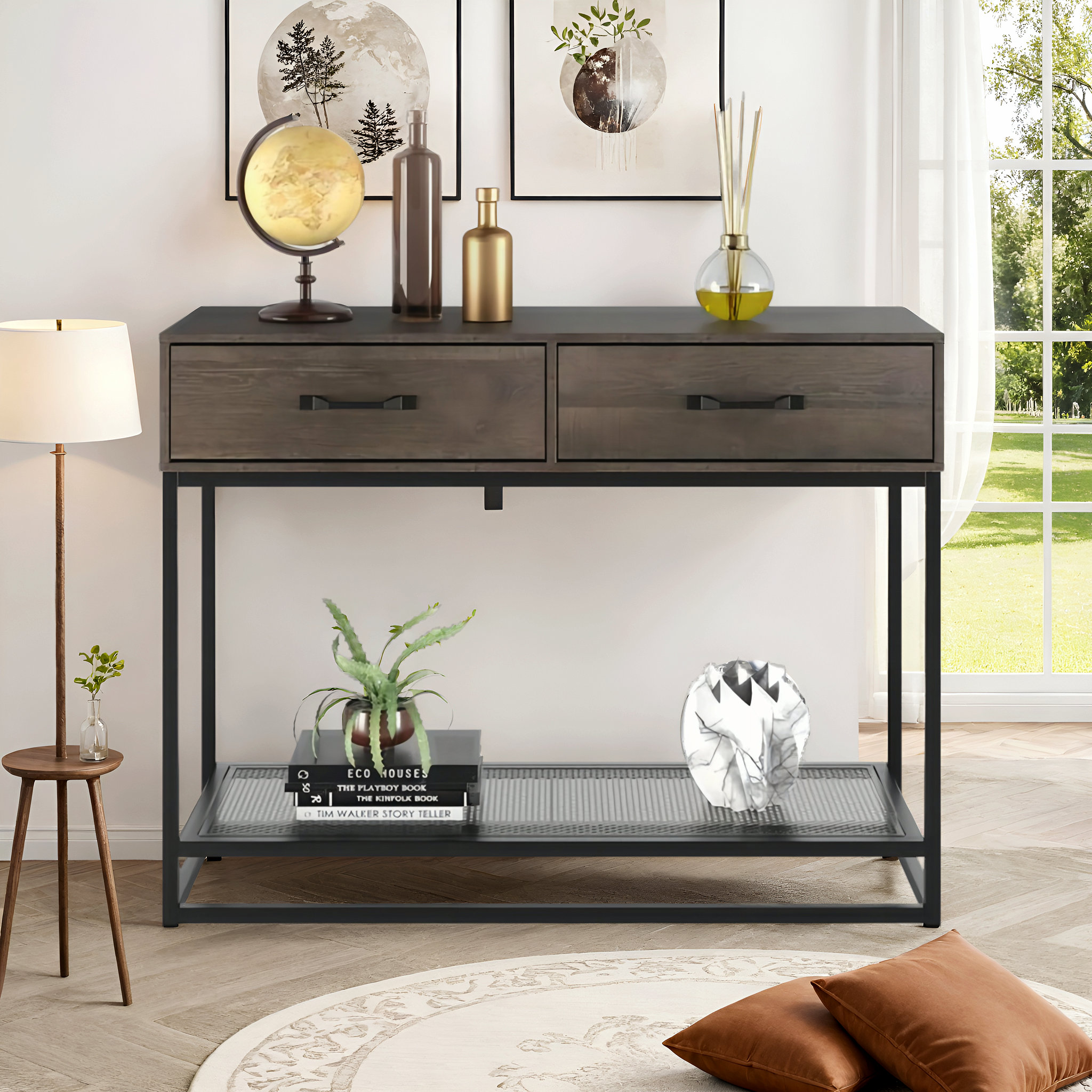 Union Rustic Southside 39.4"W Console Wood Table With 2 Storage Drawers ...